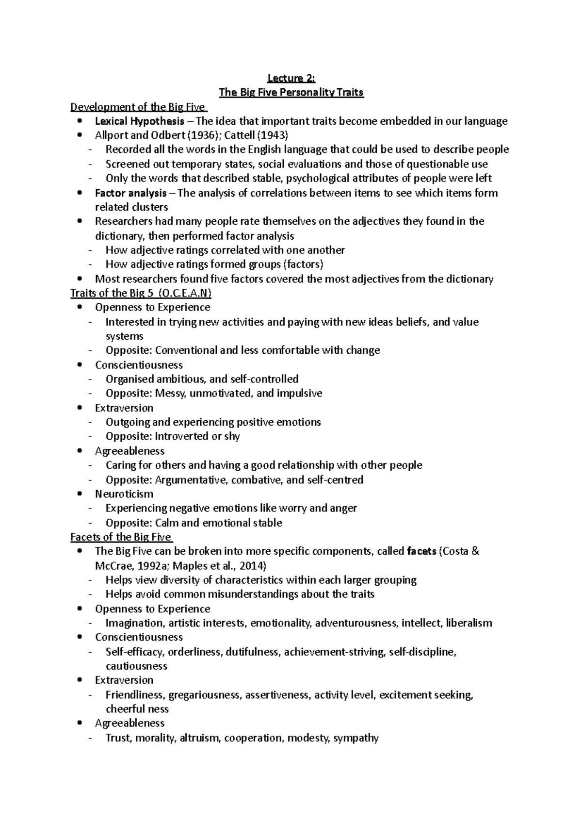 Lecture 2 - Lecture 2: The Big Five Personality Traits Development of the Big Five Lexical - Studocu