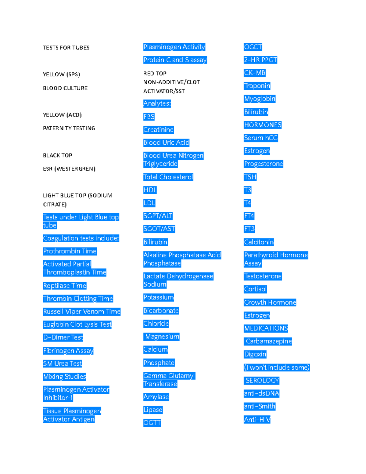 LAB TEST PER TUBE - lab tests tubes - TESTS FOR TUBES YELLOW (SPS ...