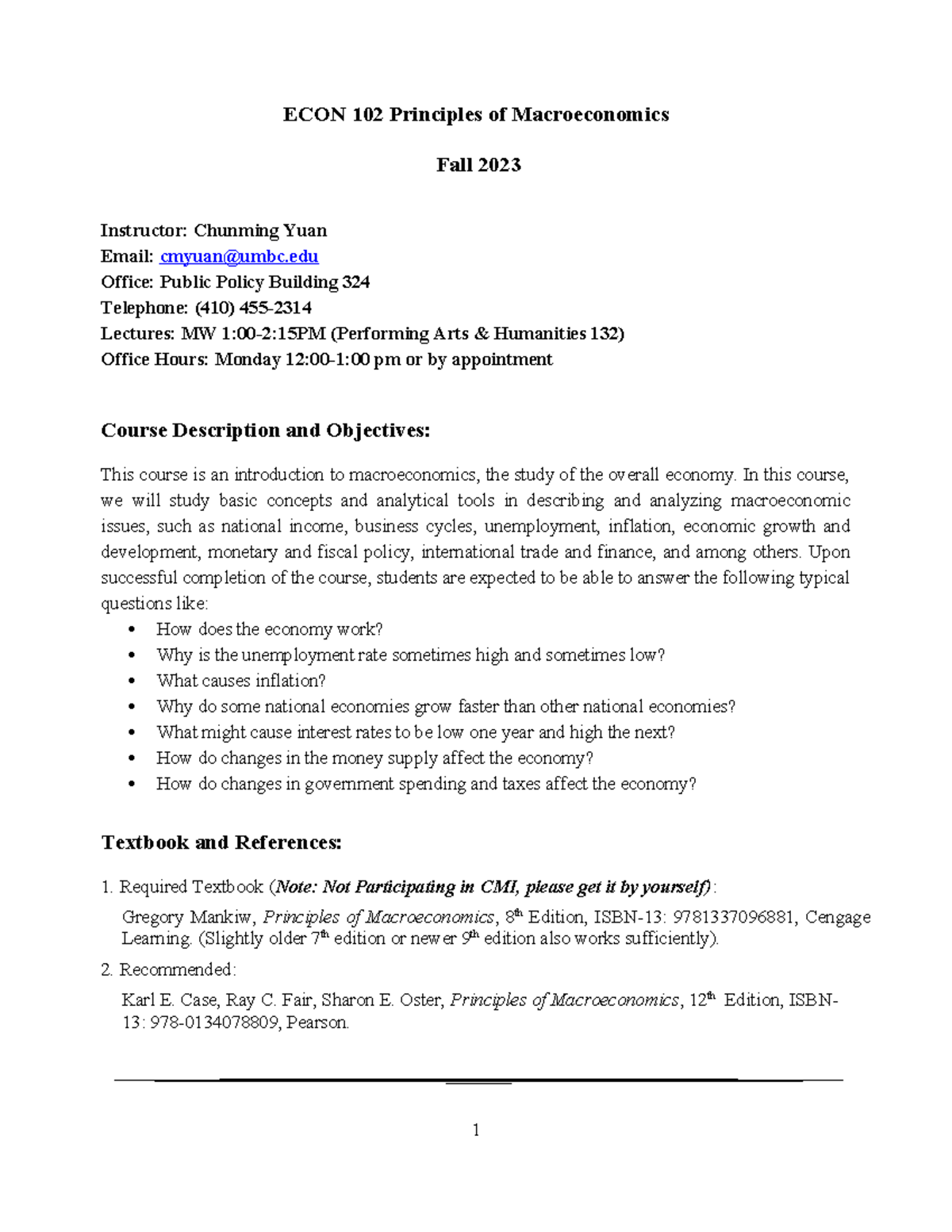 ECON 102 Syllabus Fall 2023 - ECON 102 Principles of Macroeconomics ...