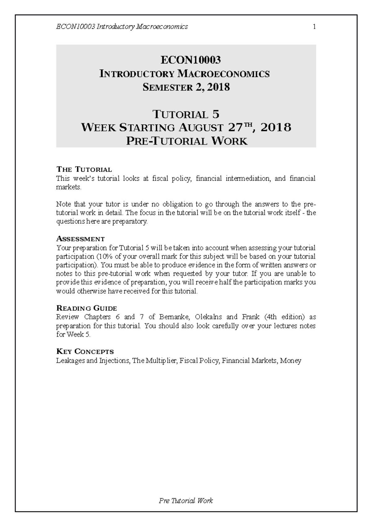 Pretutorial 5 2018 - ECON10003 Introductory Macroeconomics 1 ECON10003 INTRODUCTORY ...