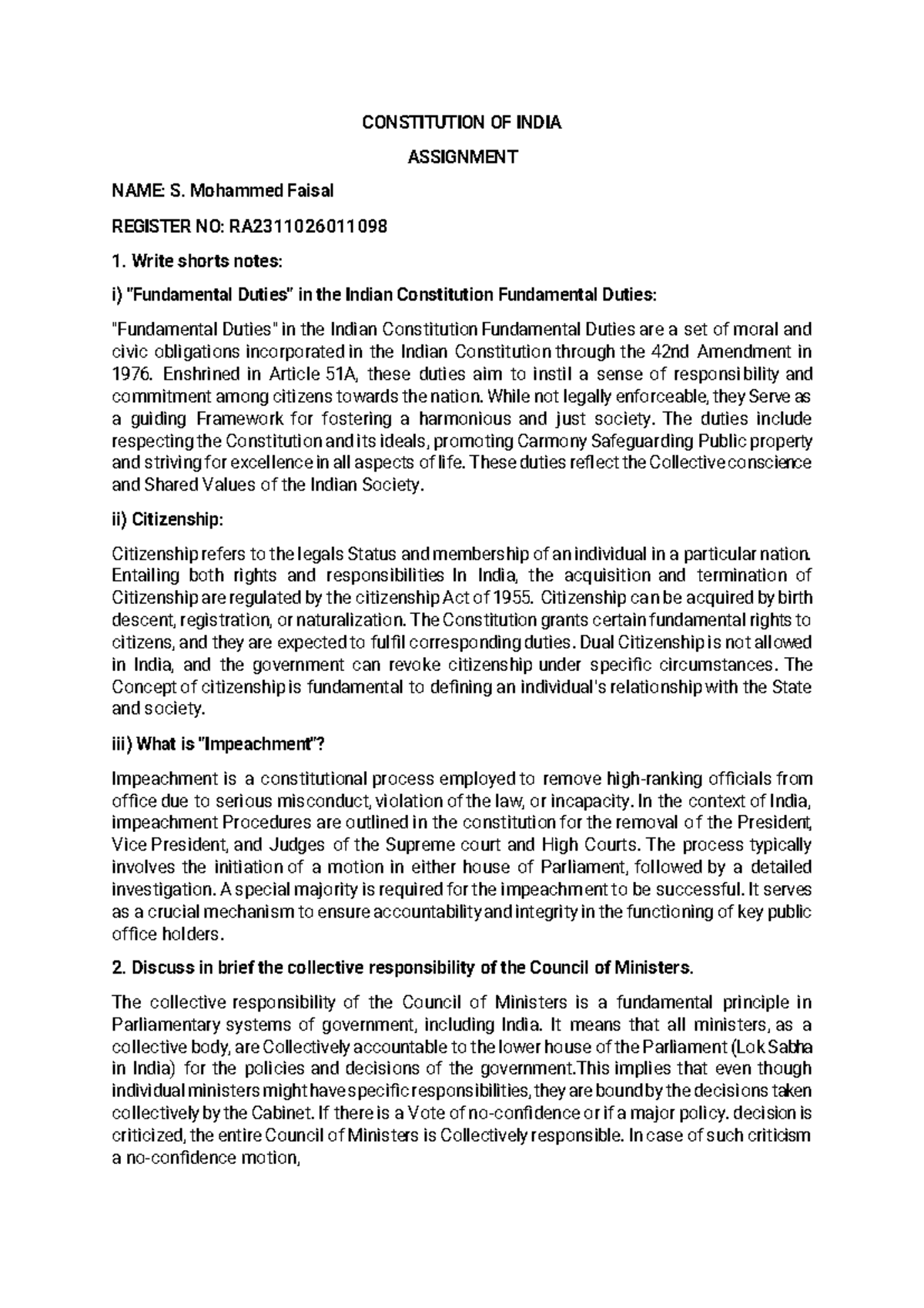 Constitution of india 3 - CONSTITUTION OF INDIA ASSIGNMENT NAME: S ...