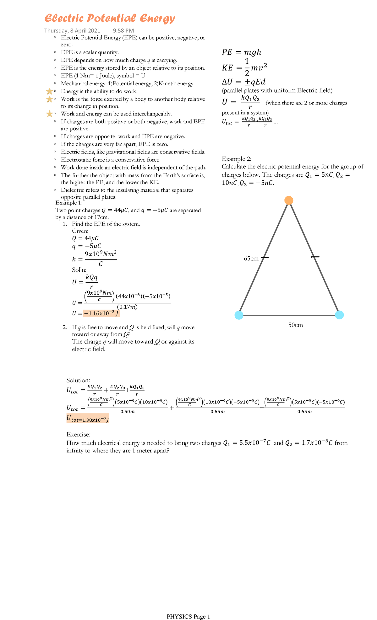 P6 - Shs - Electric Potential Energy (EPE) can be positive, negative ...