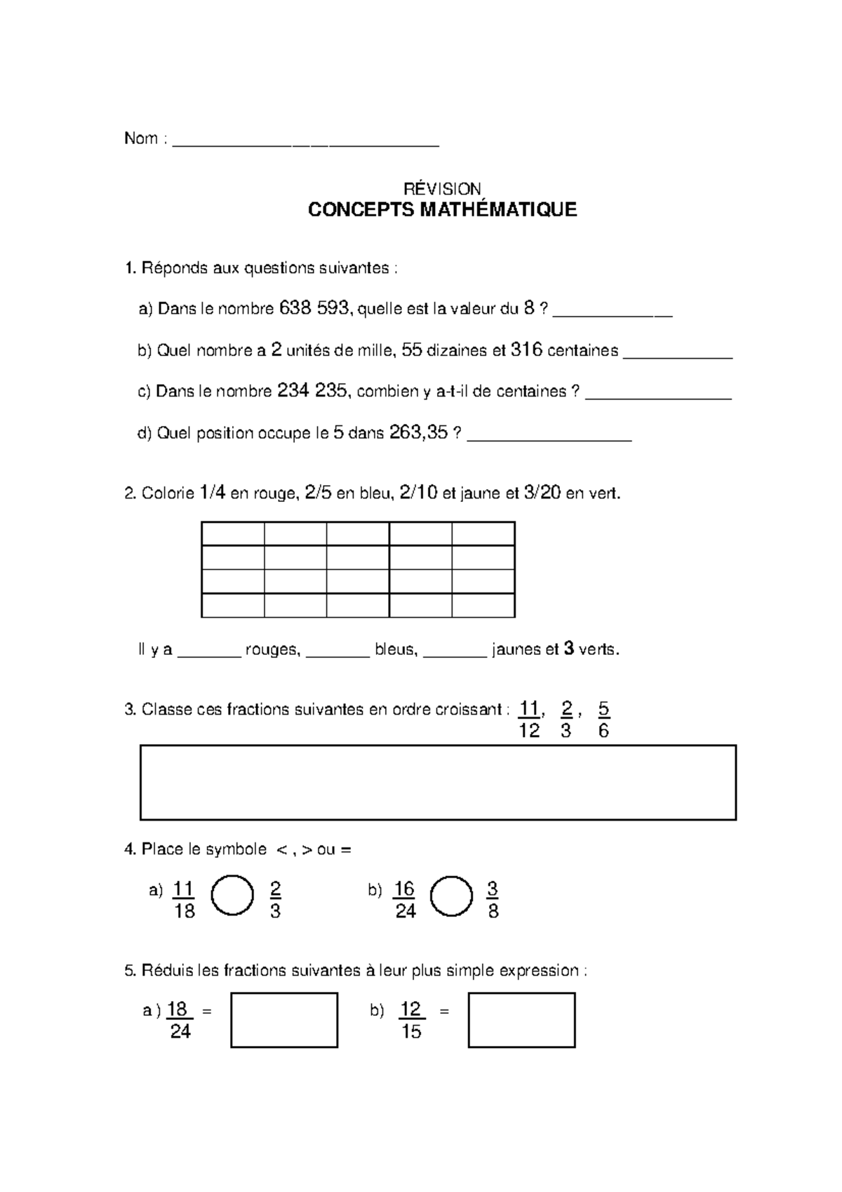Révision concepts mathématiques 5e année - Nom ...