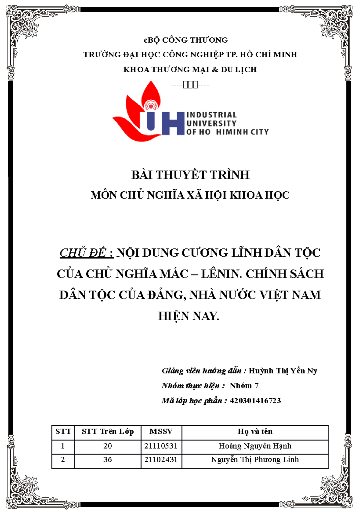 Nhóm 7 Cnxhkh - iuytre - cBỘ CÔNG THƯƠNG TRƯỜNG ĐẠI HỌC CÔNG NGHIỆP TP ...