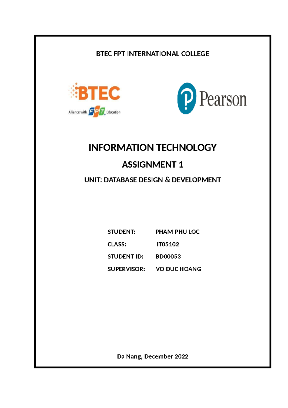 Asm1 môn thầy hoàng - lecture notes - BTEC FPT INTERNATIONAL COLLEGE ...