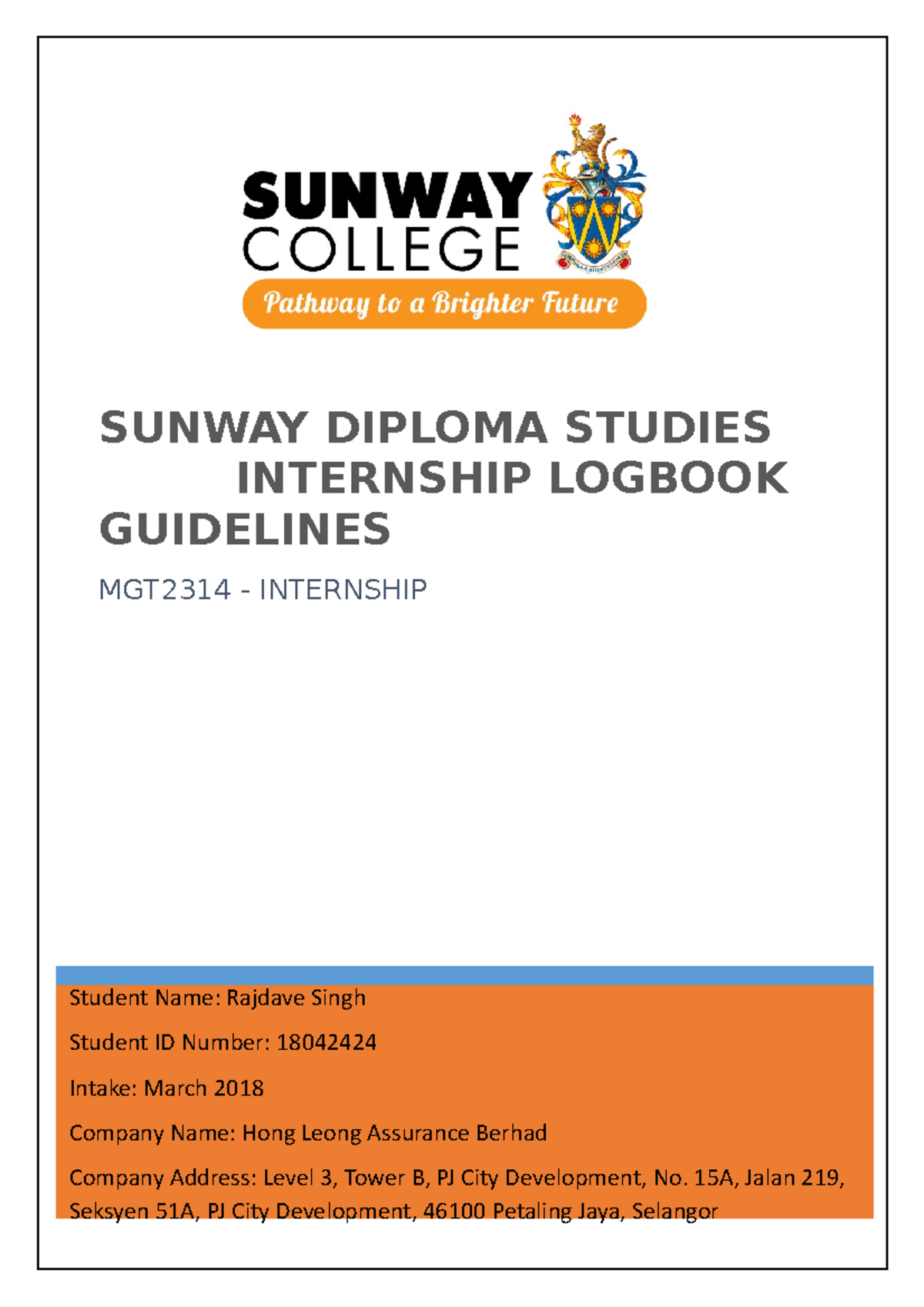 SDS Internship Log Book - SUNWAY DIPLOMA STUDIES INTERNSHIP LOGBOOK ...