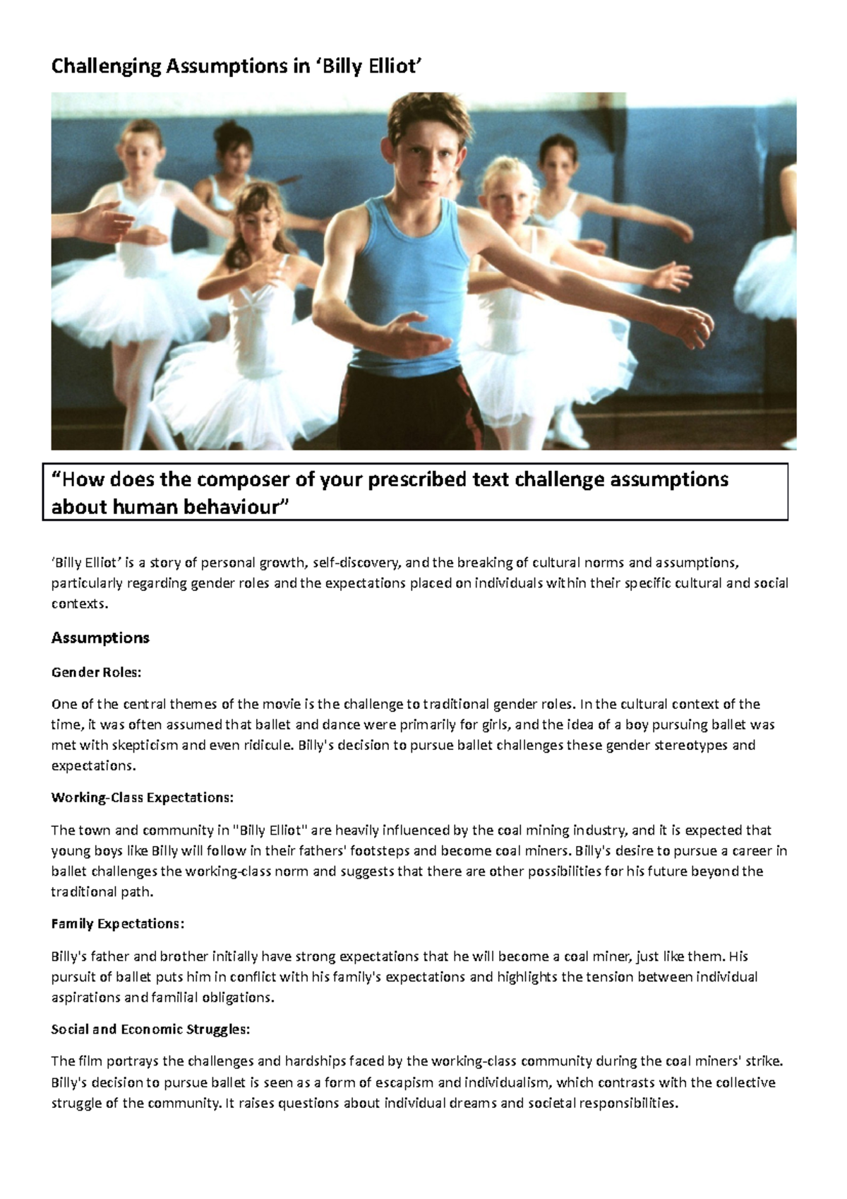 Challenging Assumptions in 'Billy Elliot' (Written Scaffold ...