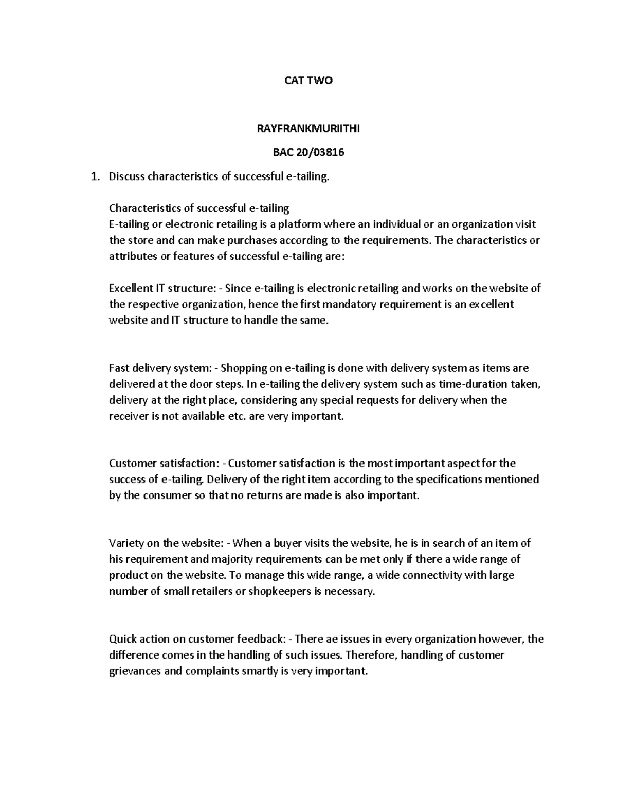 CAT TWO Ecommerce - notes - CAT TWO RAYFRANKMURIITHI BAC 20/ Discuss ...