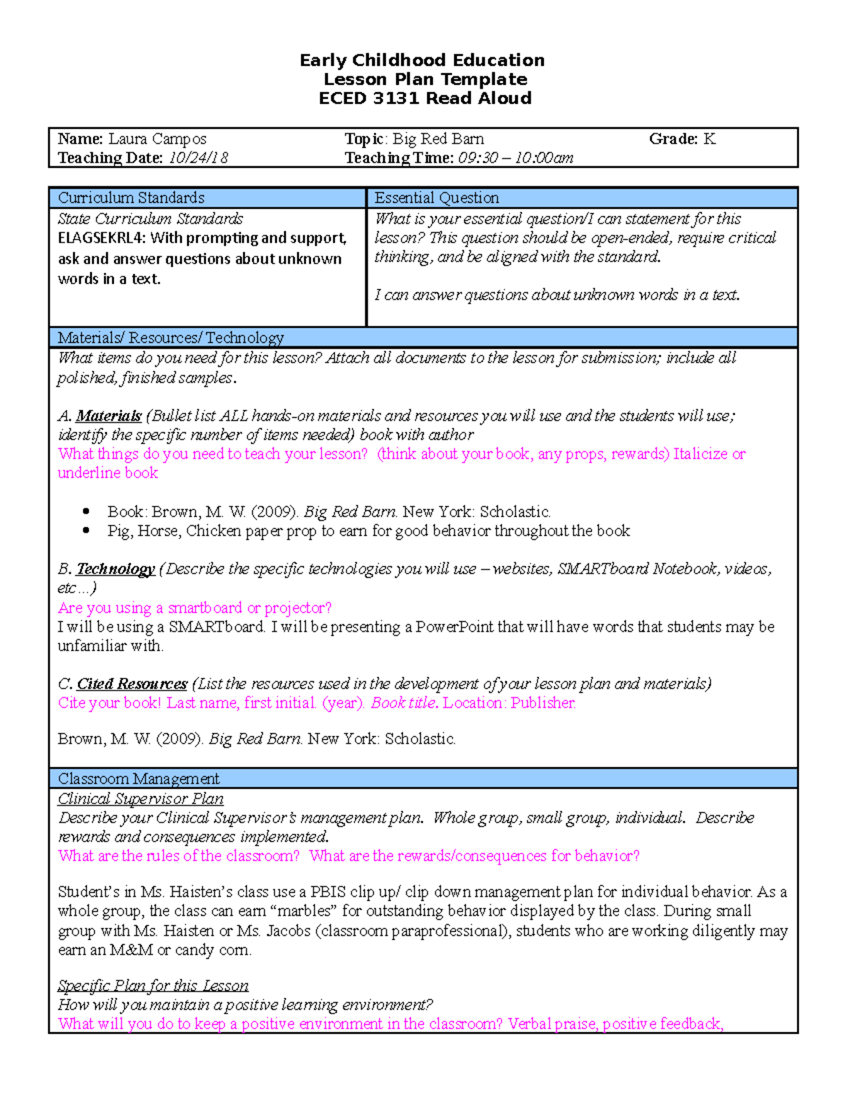 ELEM 3131B Read Aloud - Early Childhood Education Lesson Plan Template ...