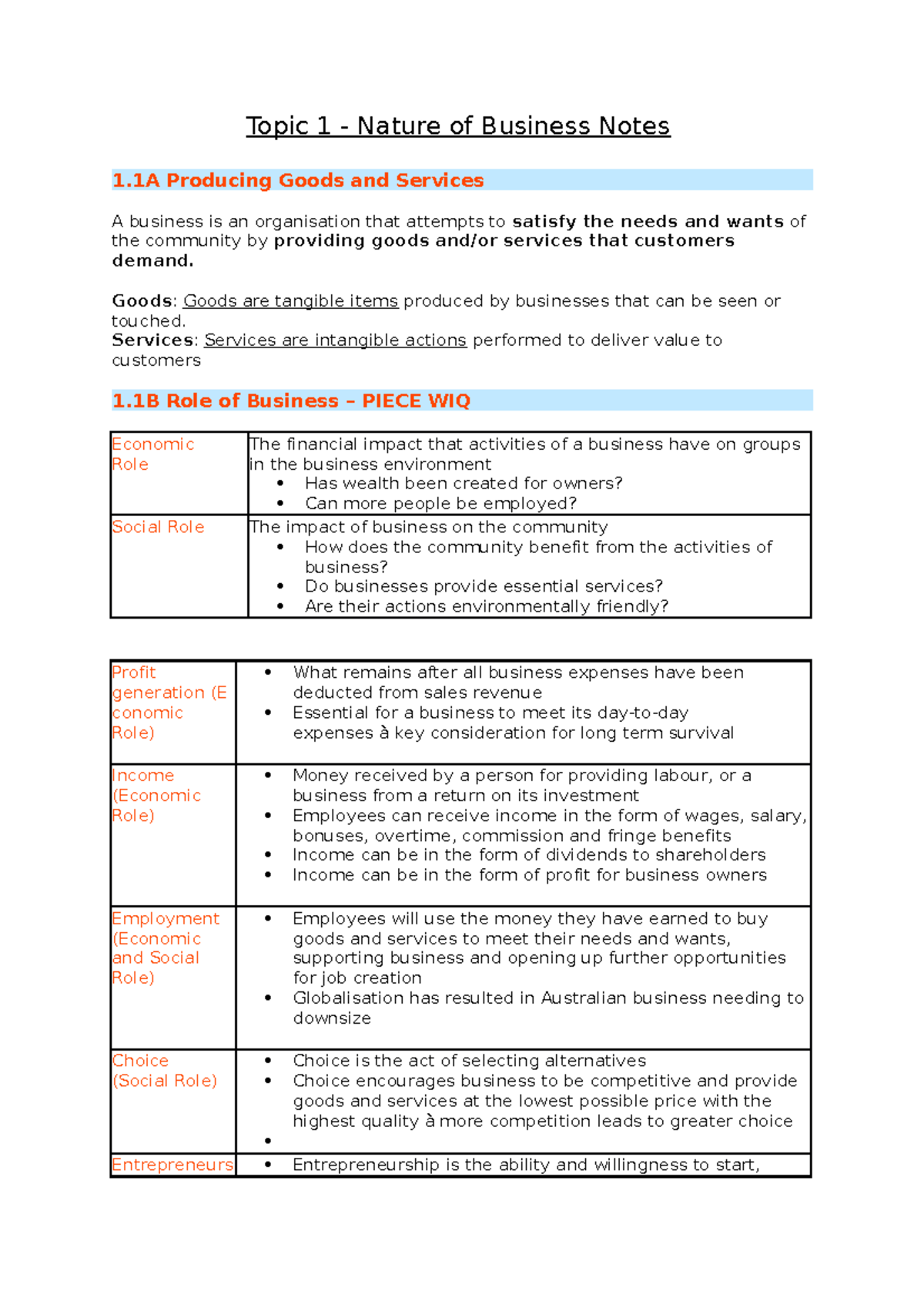 Business notes 2 - Topic 1 - Nature of Business Notes 1 Producing Goods ...