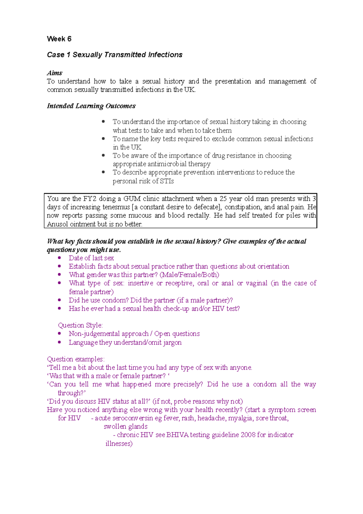 CBL Case 1 STI notes - Week 6 Case 1 Sexually Transmitted Infections ...