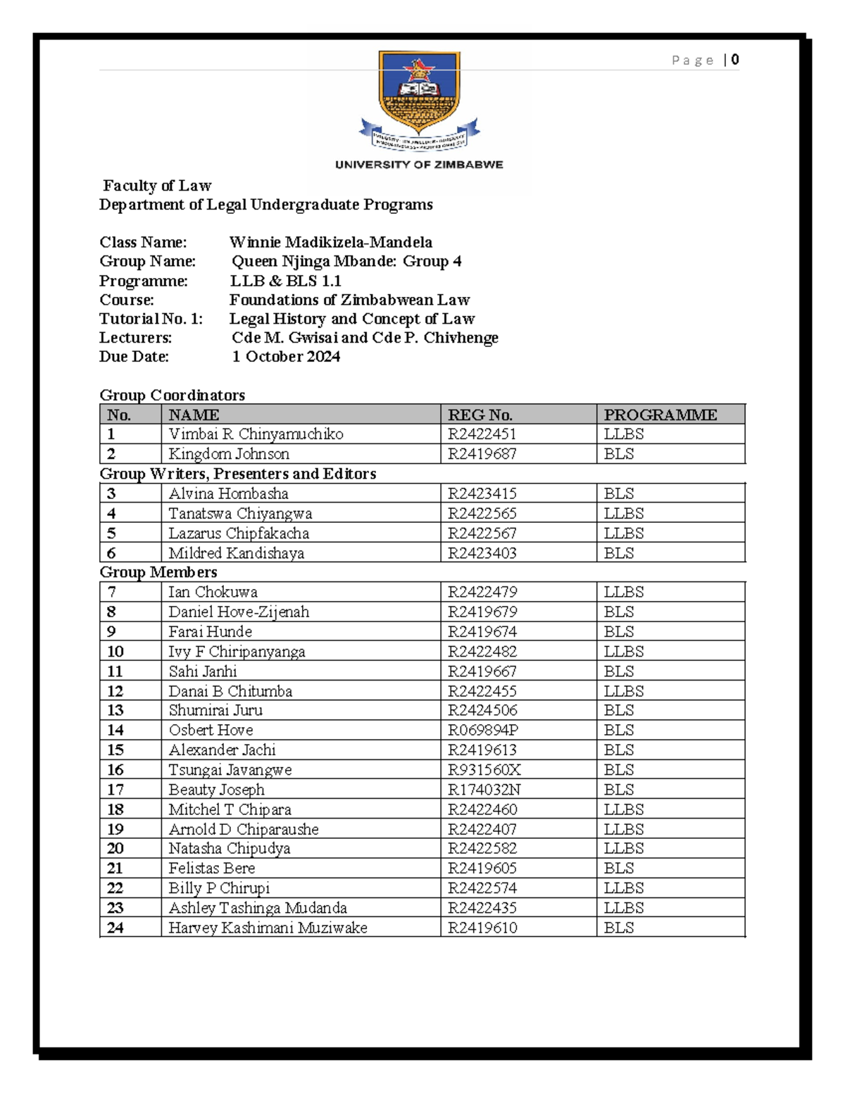 FZL Queen Nzinga Tutorial #1 Assignment - Faculty of Law Department of ...