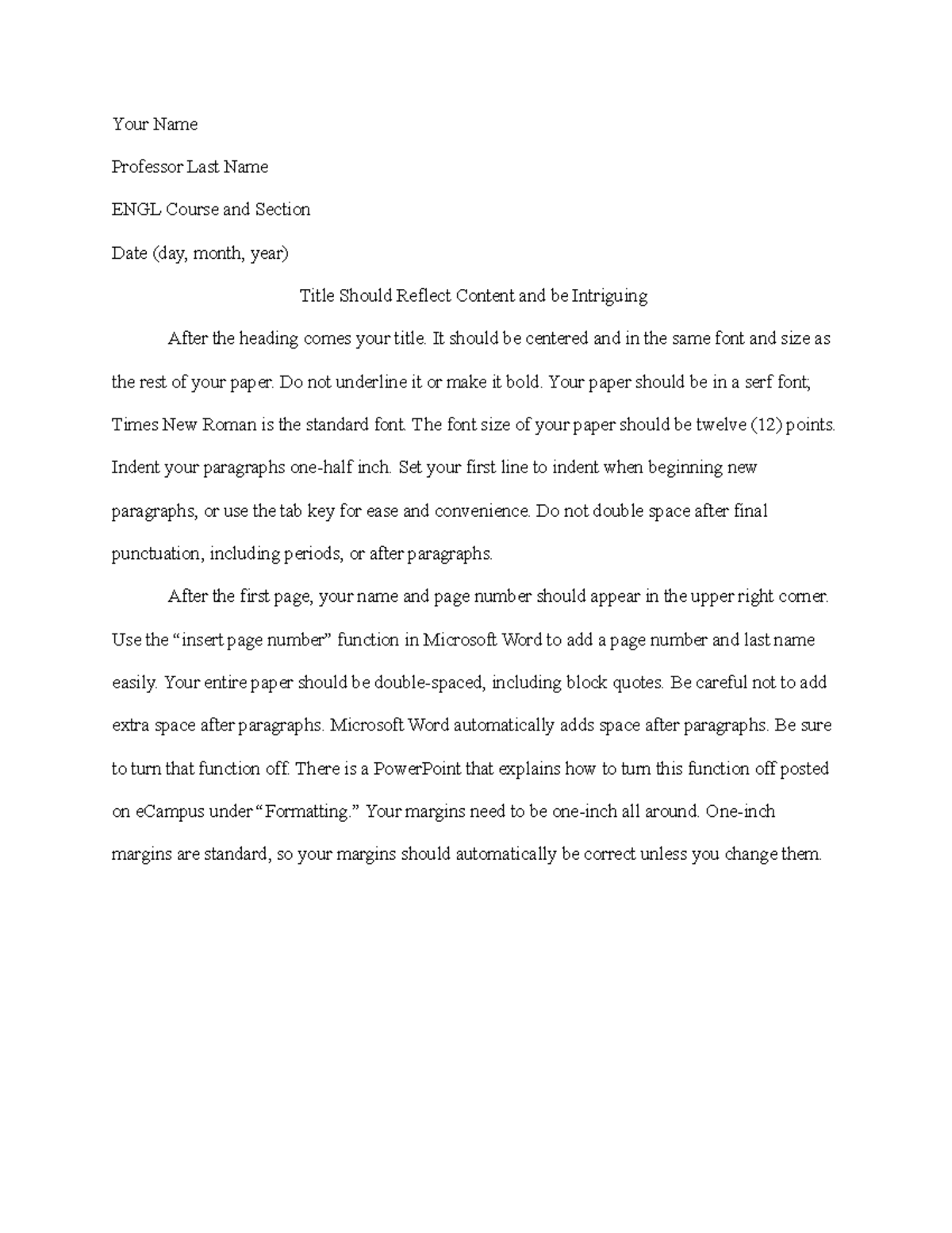 Formatting-Sample format - Your Name Professor Last Name ENGL Course ...