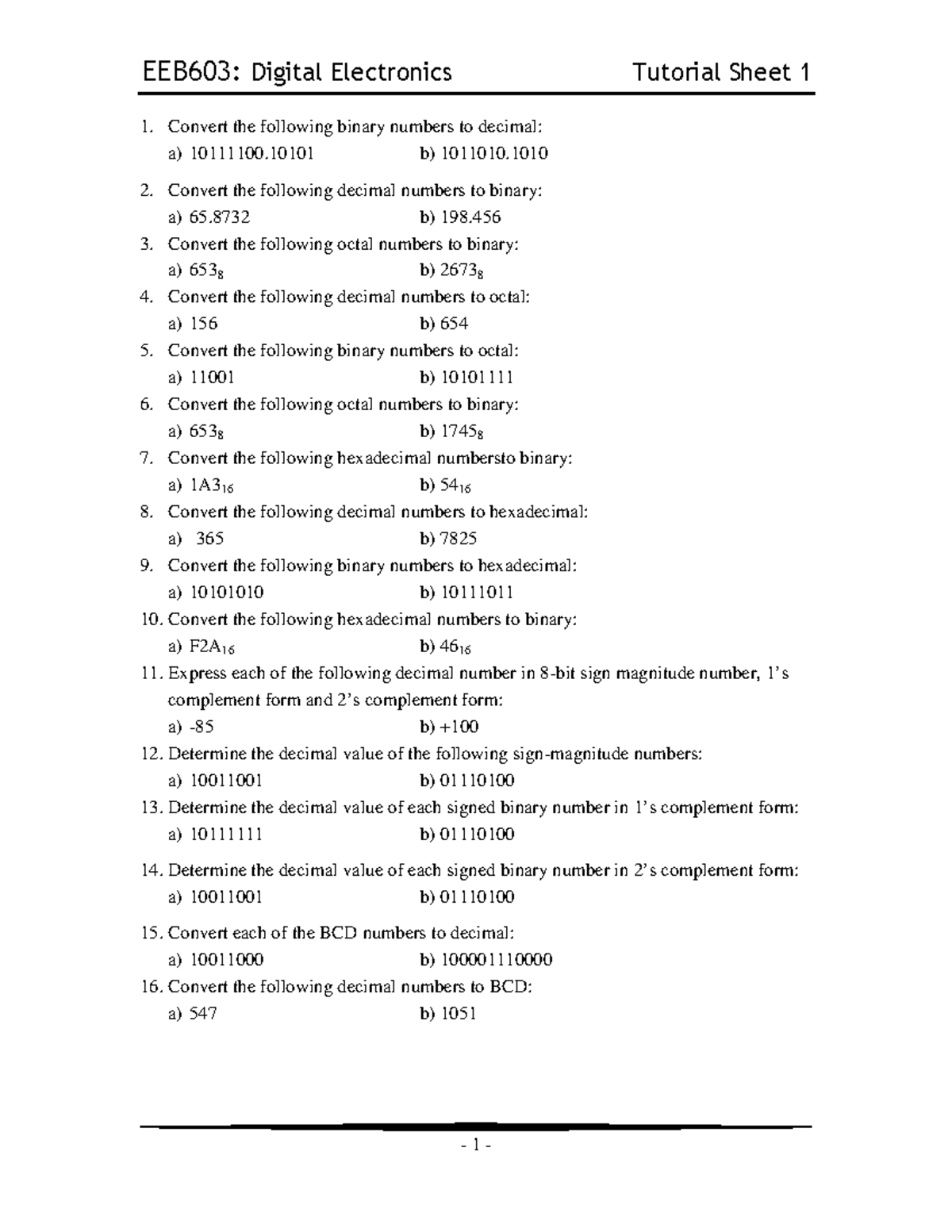 Tutorial Sheet 1 - free - EEB603: Digital Electronics Tutorial Sheet 1 ...