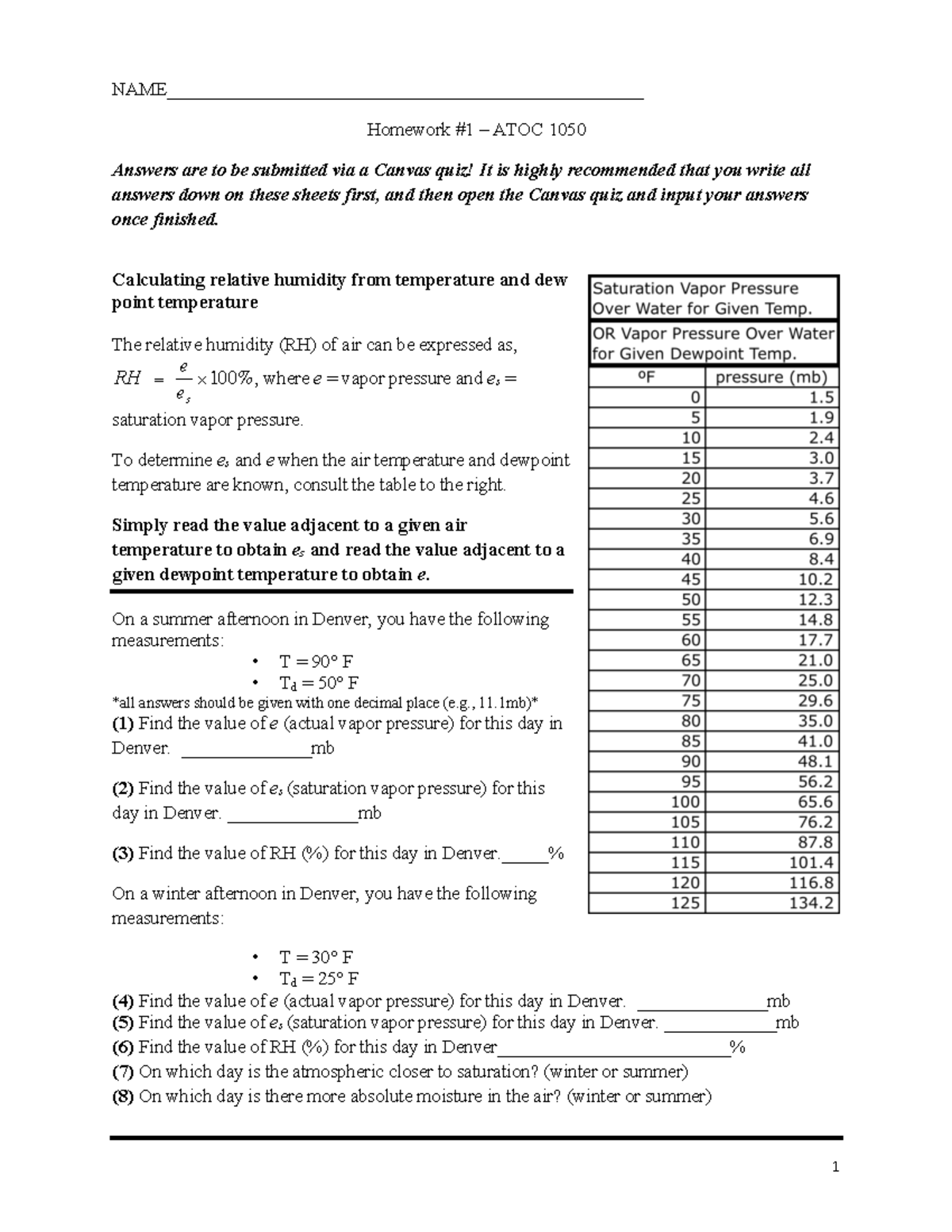 HW1 ATOC1050 - Answer Key for Assignment - 1 NAME