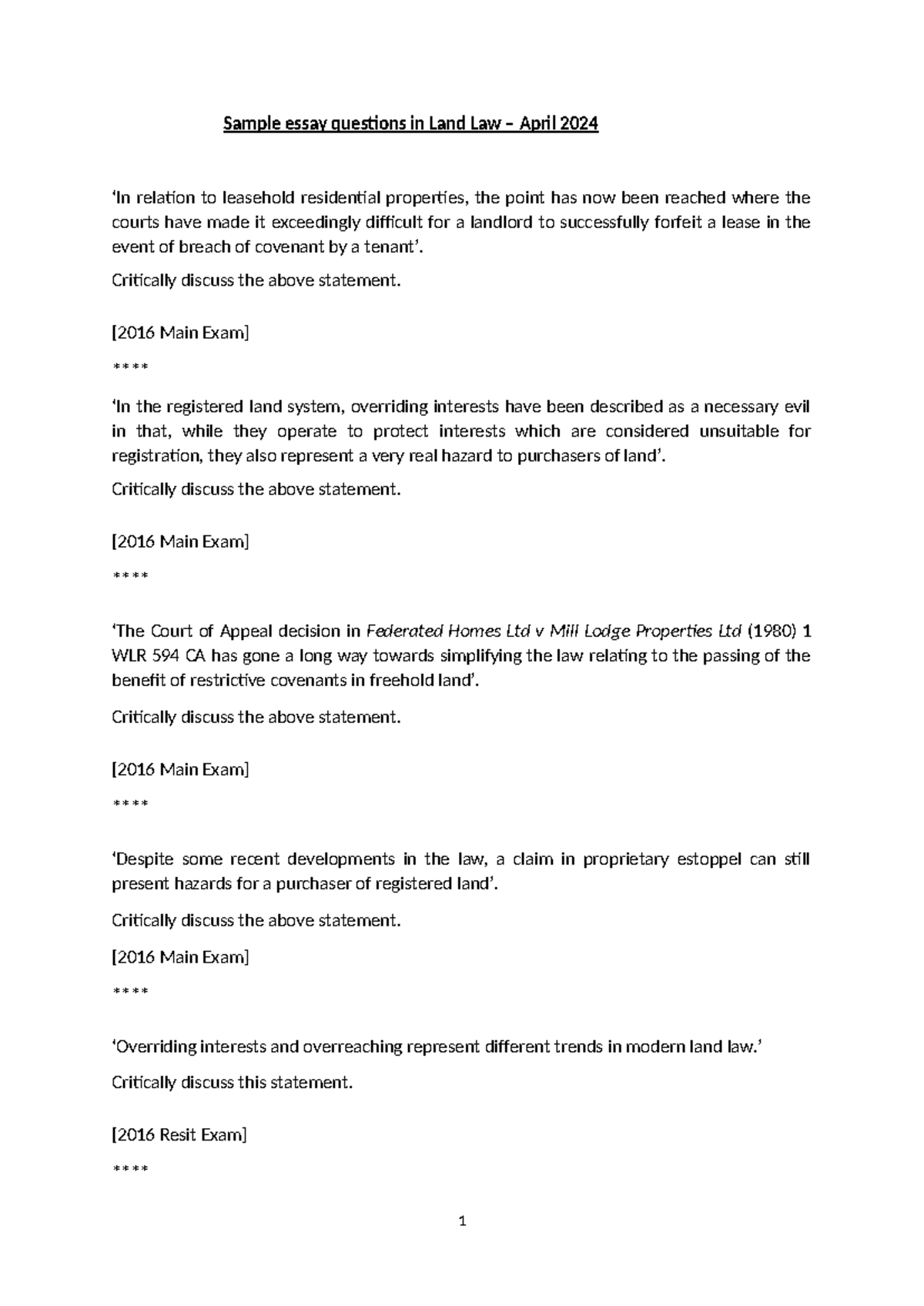Sample Essay Questions in Land Law - April 2024 - Sample essay ...