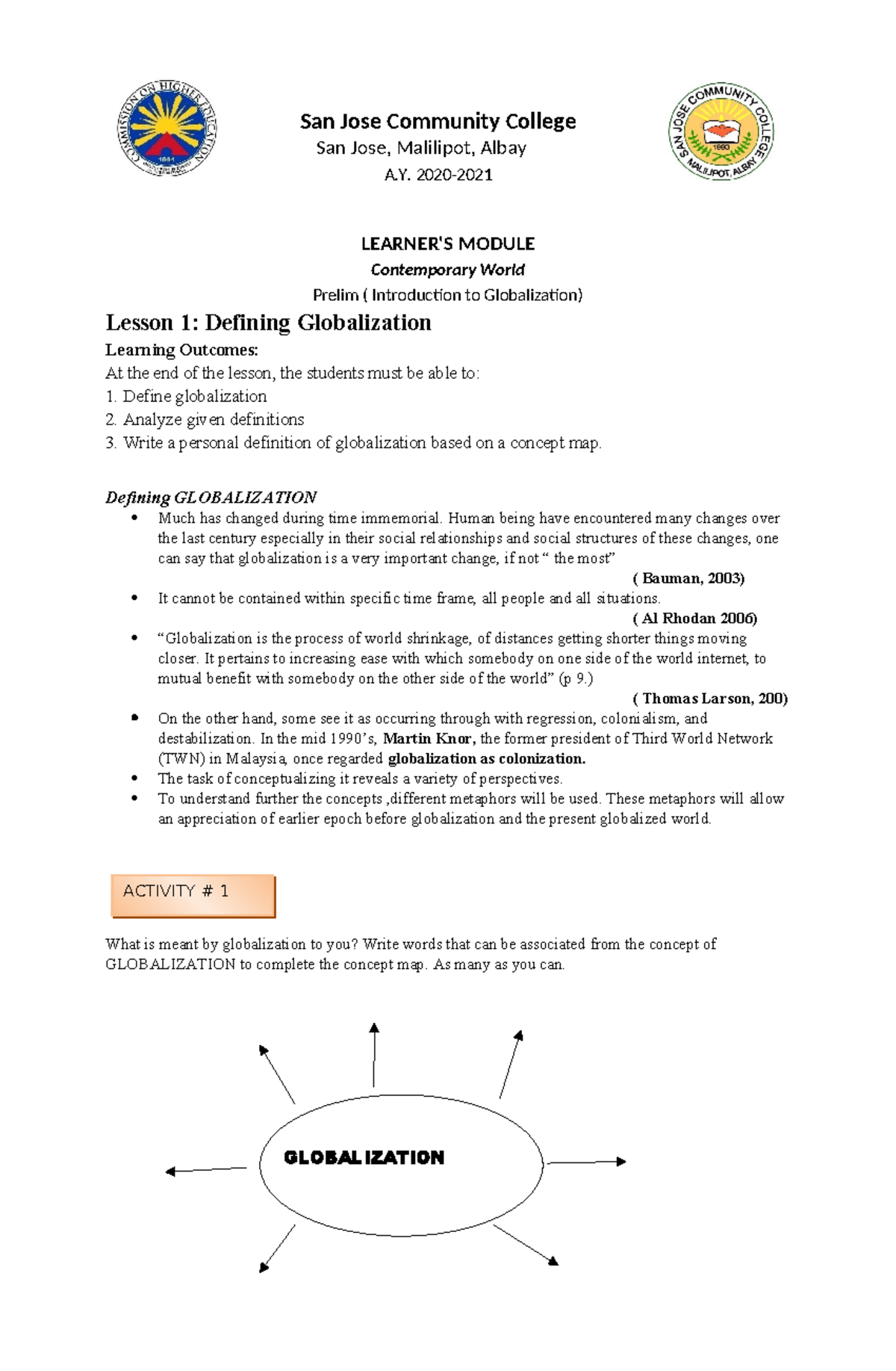 Lesson-1-GE - Globalization - ACTIVITY # 1 San Jose Community College ...