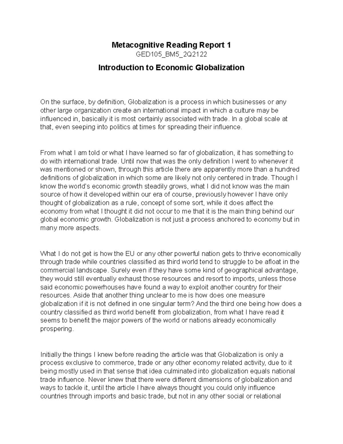 Metacognitive Reading Report 1 GED105 - Metacognitive Reading Report 1 ...