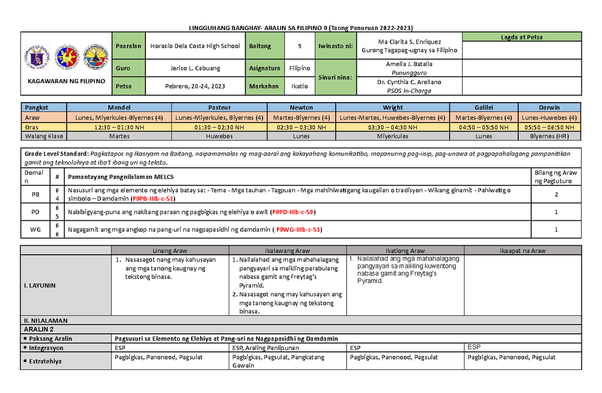 Q3W1 - Lesson Plan - LINGGUHANG BANGHAY- ARALIN SA FILIPINO 9 (Taong ...