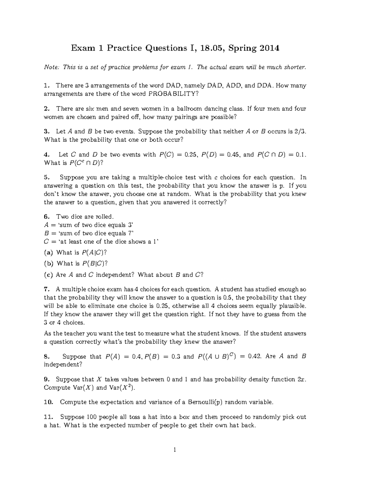 MIT18 05S14 Prac Exam1a - Exam 1 Practice Questions I, 18, Spring 2014 ...
