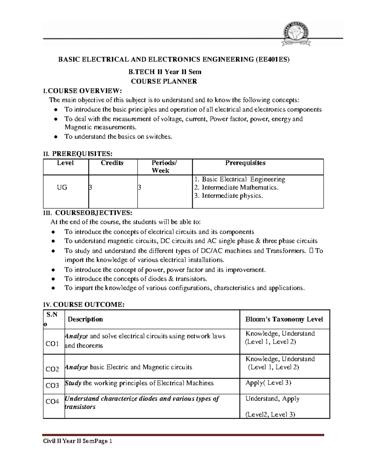 BEEE civil 2-2 R18 2020-2021 - BASIC ELECTRICAL AND ELECTRONICS ENGINEERING (EE401ES) B II Year ...