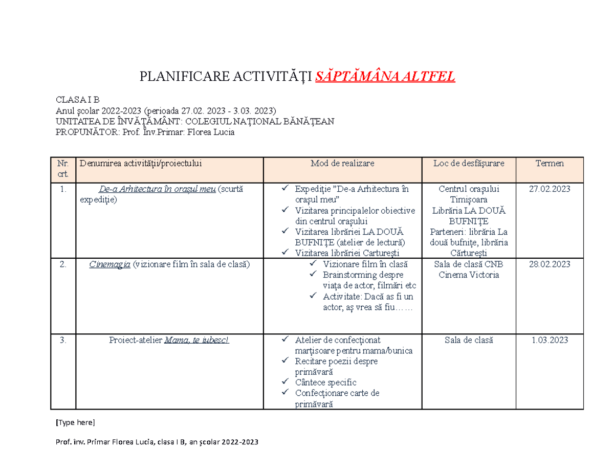 Planificare sapt altfel - PLANIFICARE ACTIVITĂȚI SĂPTĂMÂNA ALTFEL CLASA ...