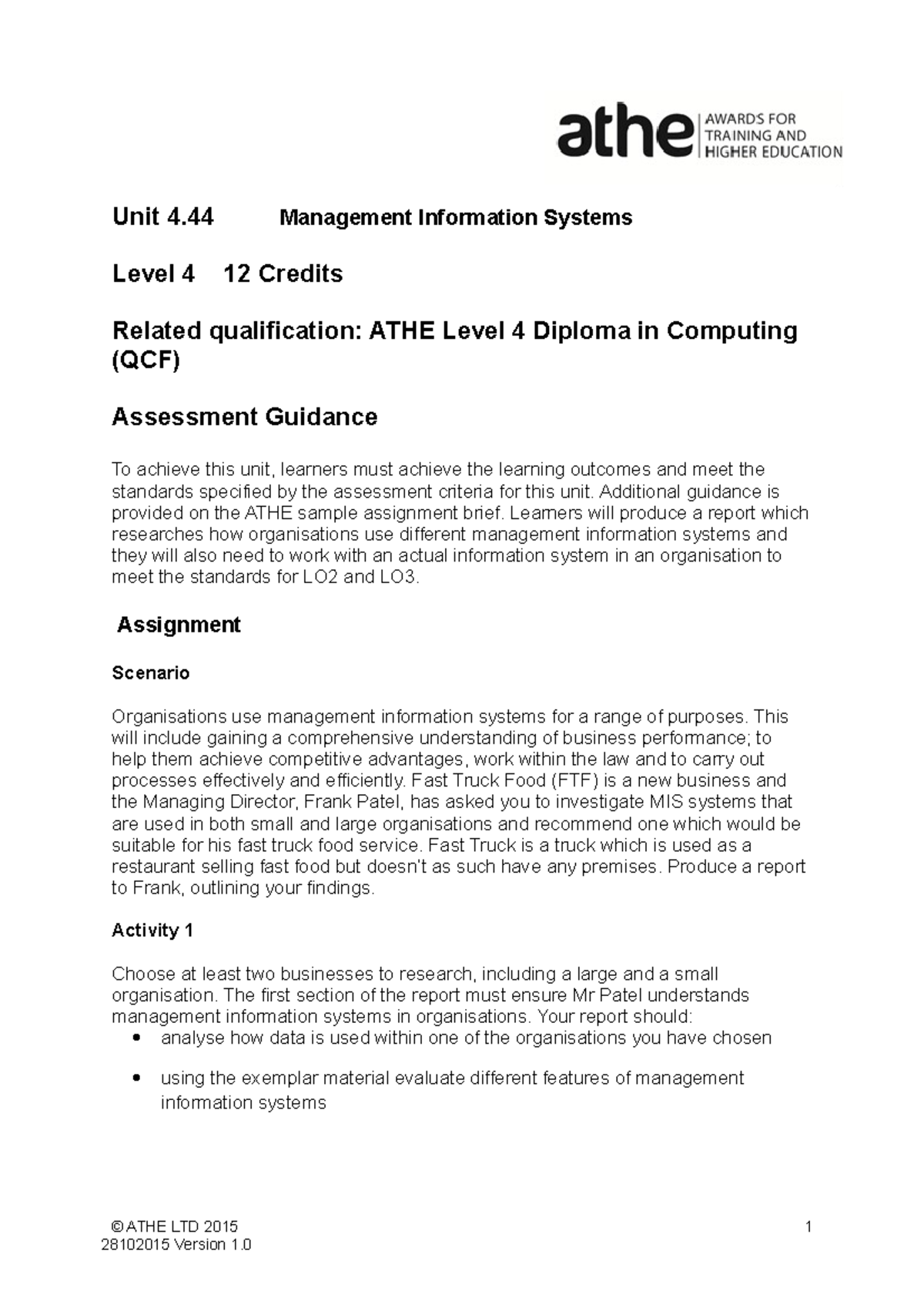 Unit 4 - Assignment - Unit 4 Management Information Systems Level 4 12 ...