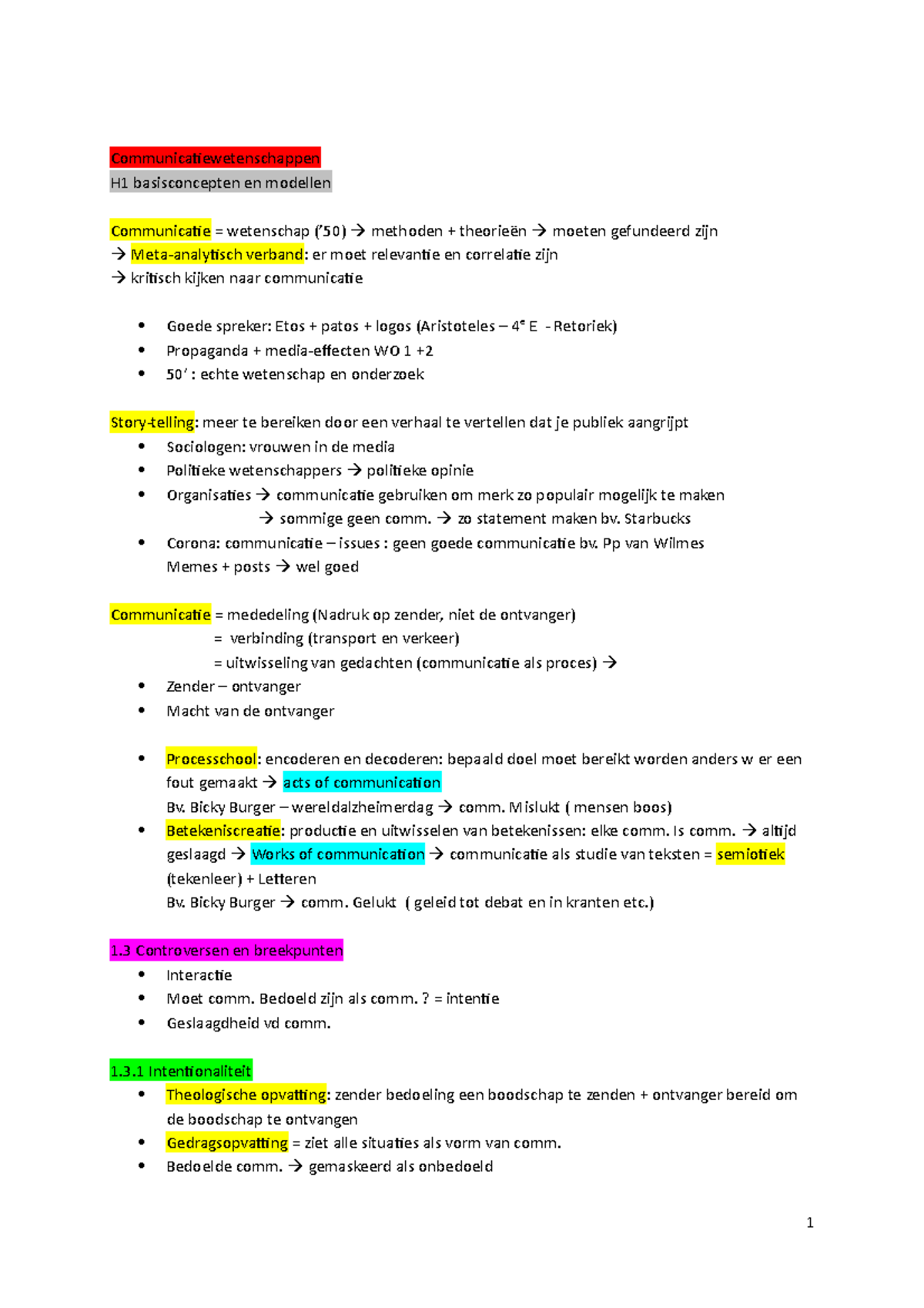 Comm wet - samenvatting com wet - Communicatiewetenschappen H1 basisconcepten en modellen - Studocu