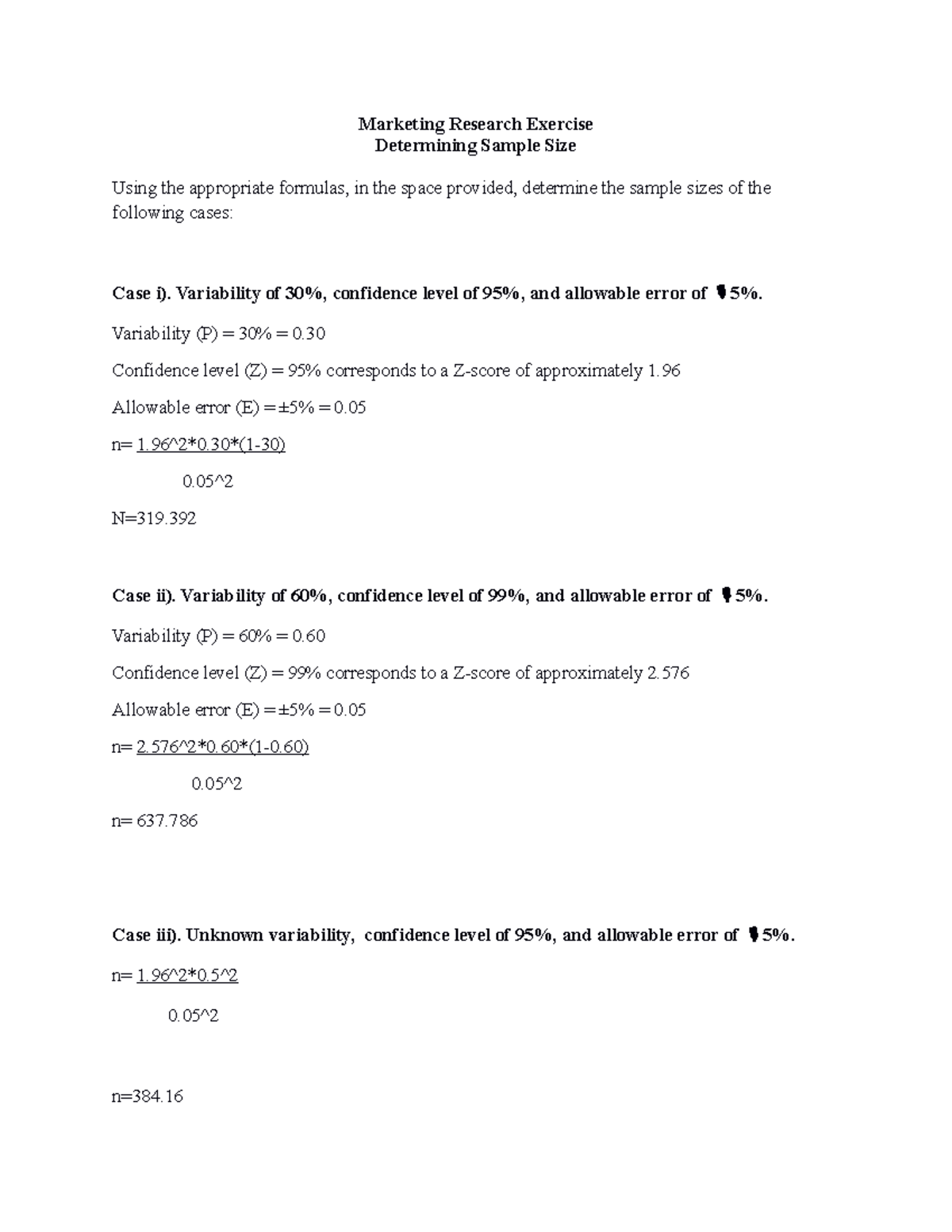 CWA 7 Sample Size Exercise-1 - Marketing Research Exercise Determining ...