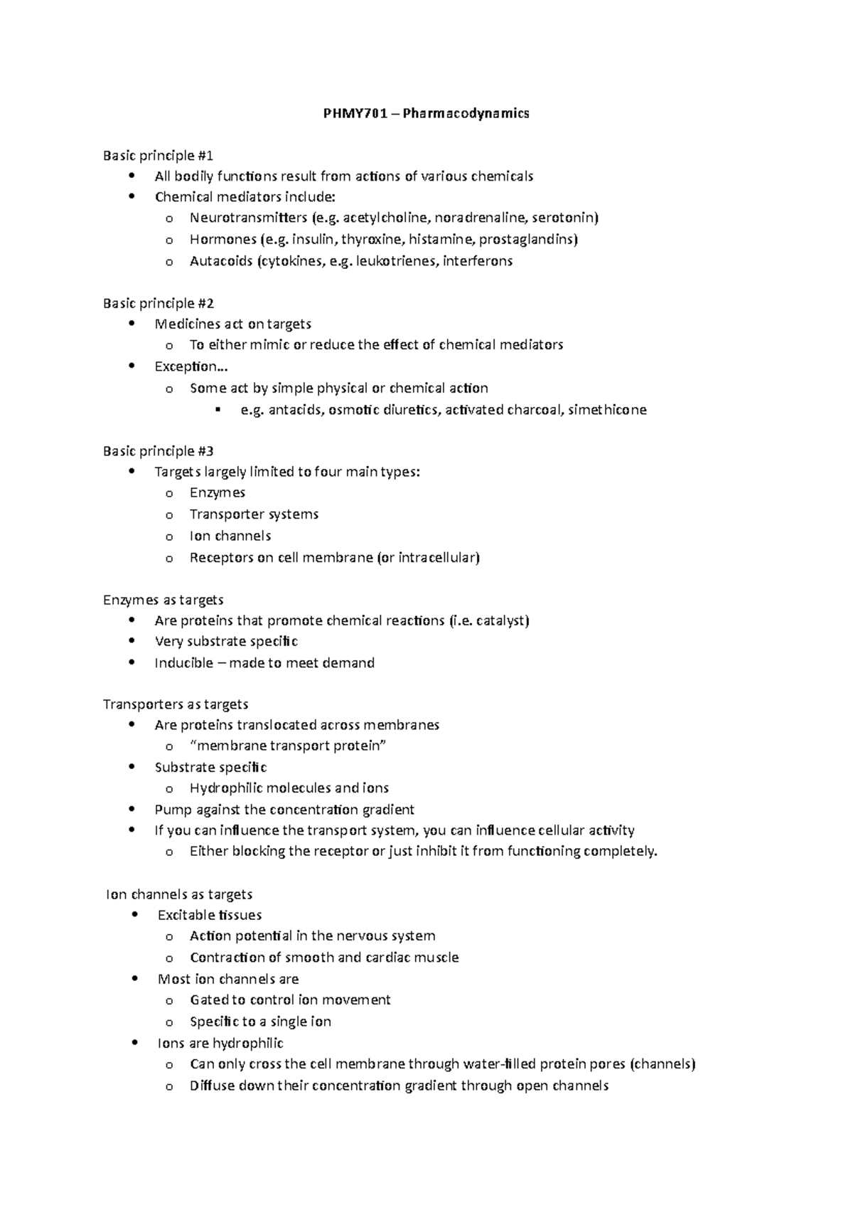 PHMY701 Pharmacodynamics lecture notes includes readings - PHMY701 ...