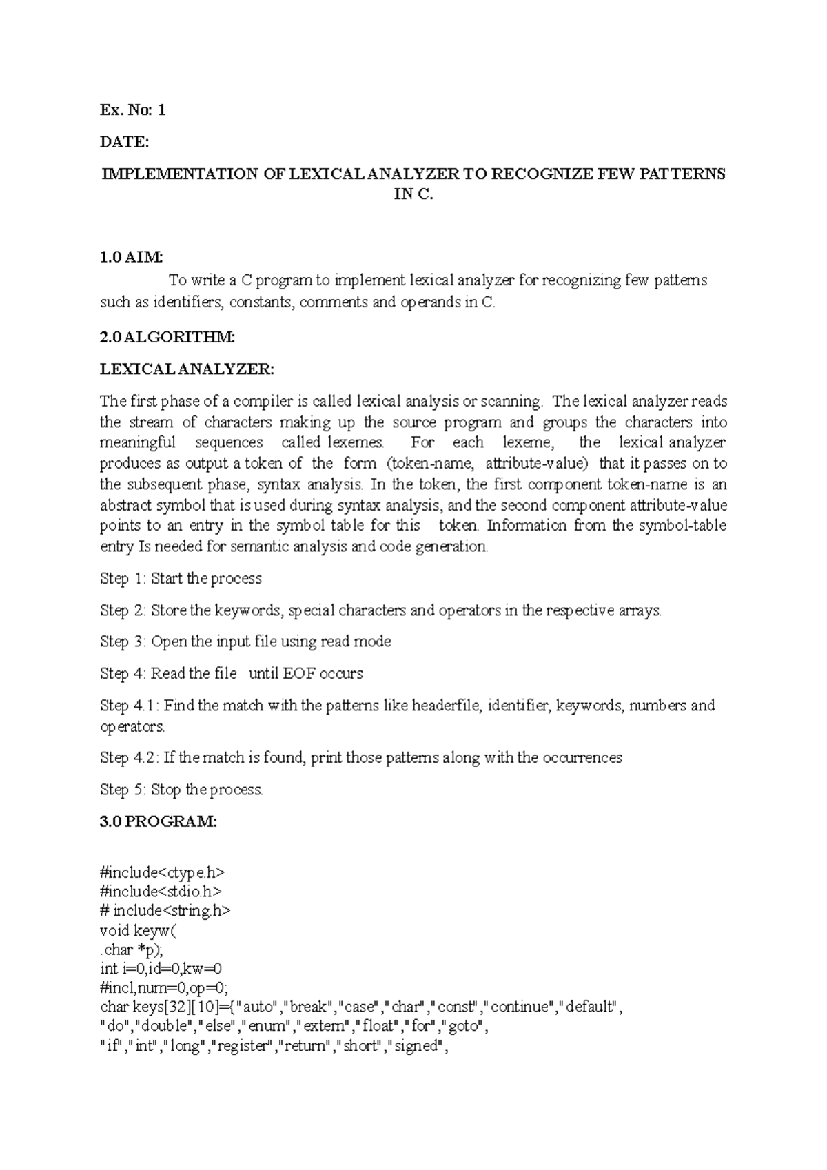 CD lab Exercise programs - Ex. No: 1 DATE: IMPLEMENTATION OF LEXICAL ...