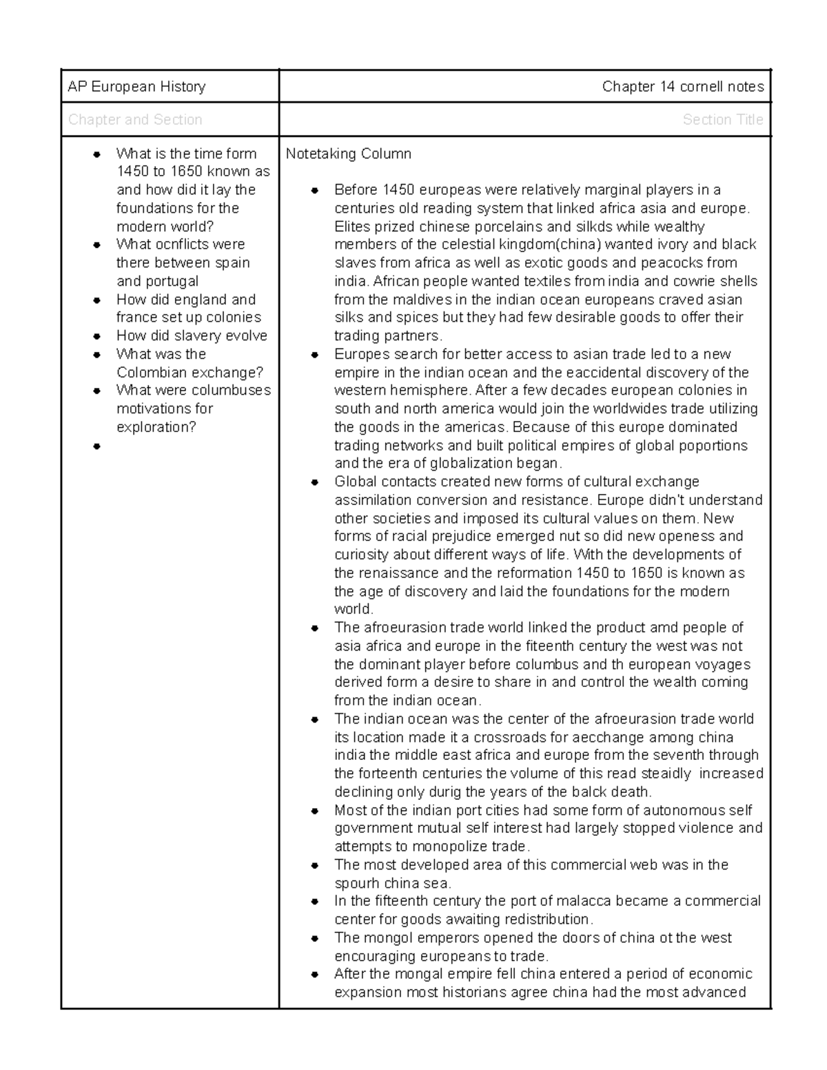 Chapter 14 cornell notes - AP European History Chapter 14 cornell notes ...