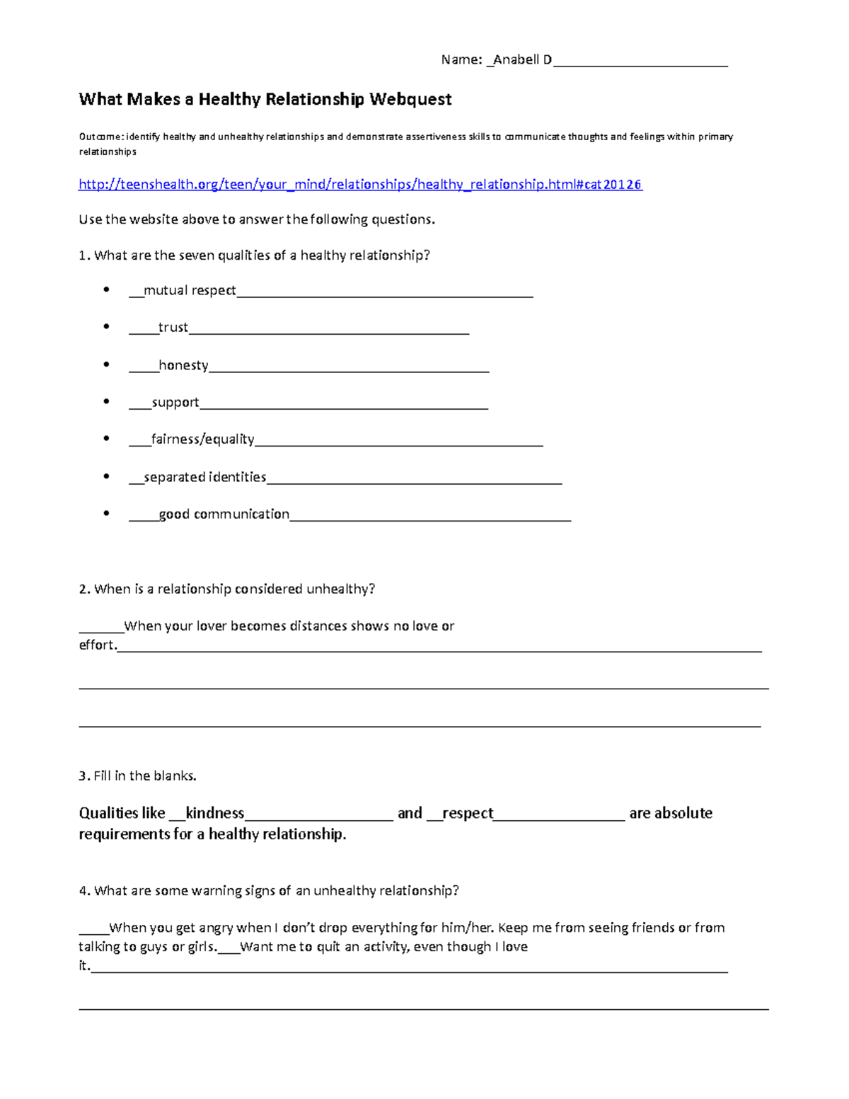What makes a healthy relationship webquest 1 - Name: Anabell D ...