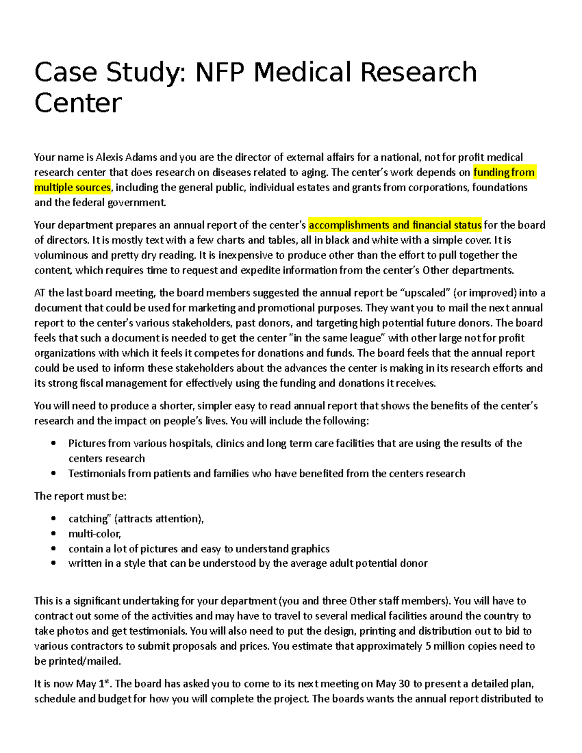 Case Study NFP Medical - The center's work depends on funding from multiple sources, including ...