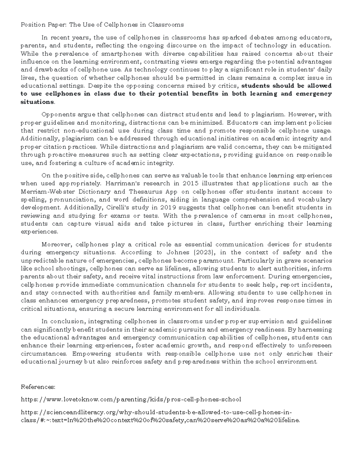 Position-Paper sample - Position Paper: The Use of Cellphones in ...