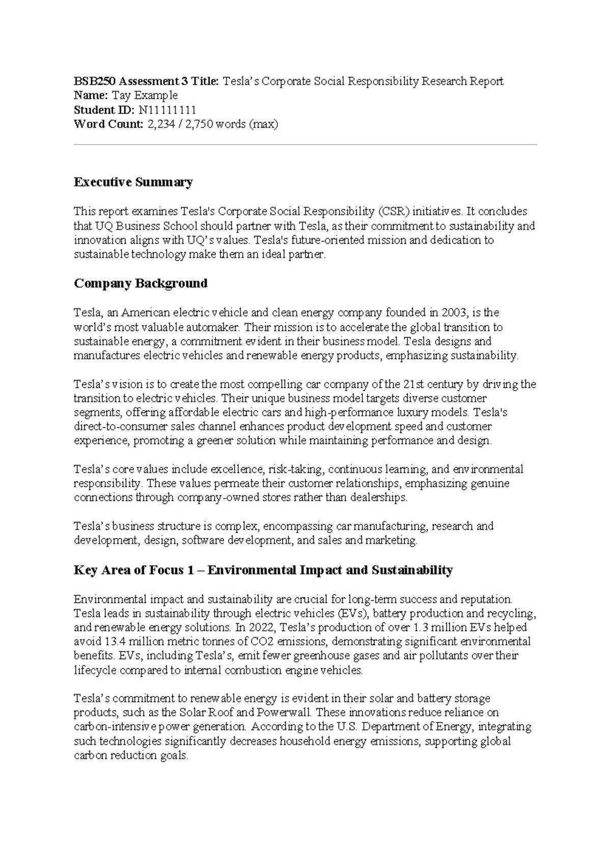 Bsb250 example A3 - BSB250 Assessment 3 Title: Tesla’s Corporate Social ...