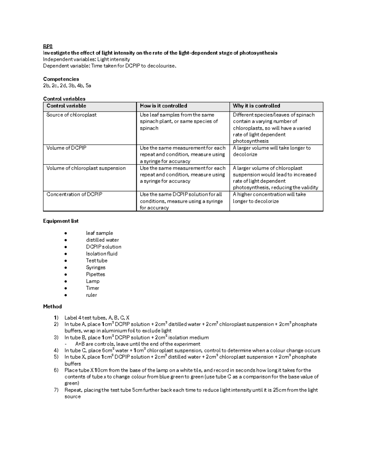 RP8 method - RP 8 Investigate the effect of light intensity on the rate of the light-dependent ...