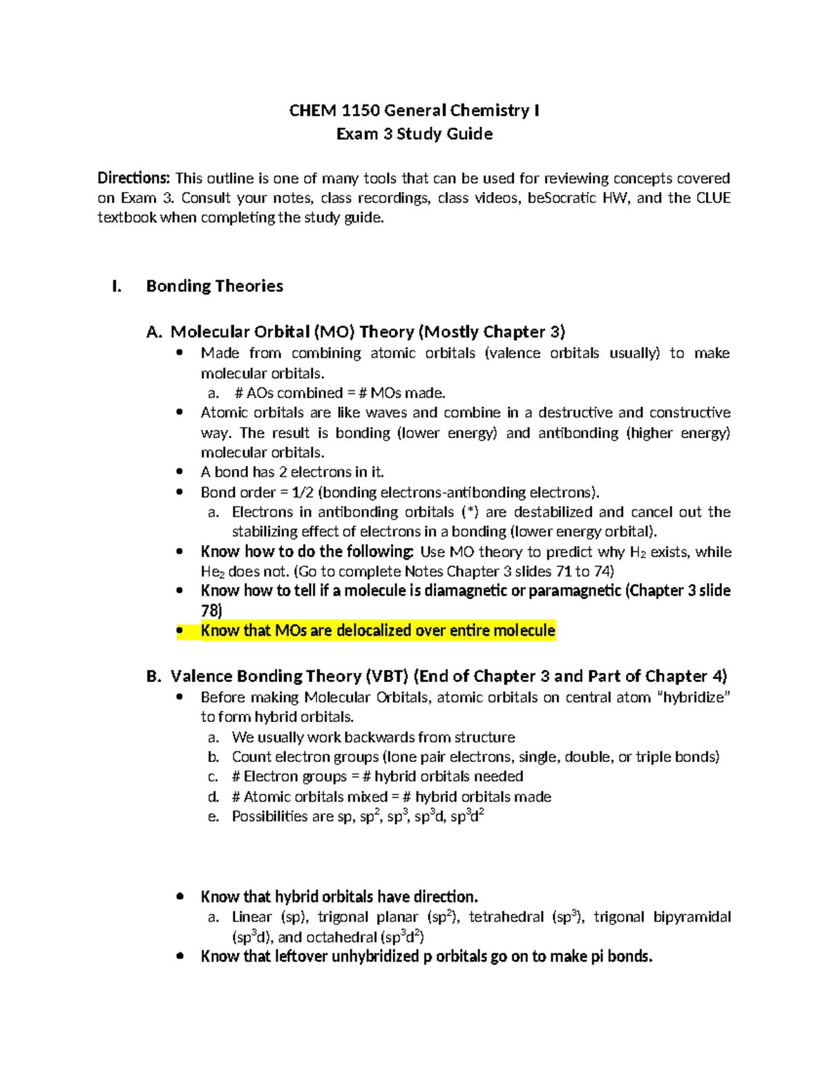 Exam 3 Study Guide - CHEM 1150 General Chemistry I Exam 3 Study Guide ...