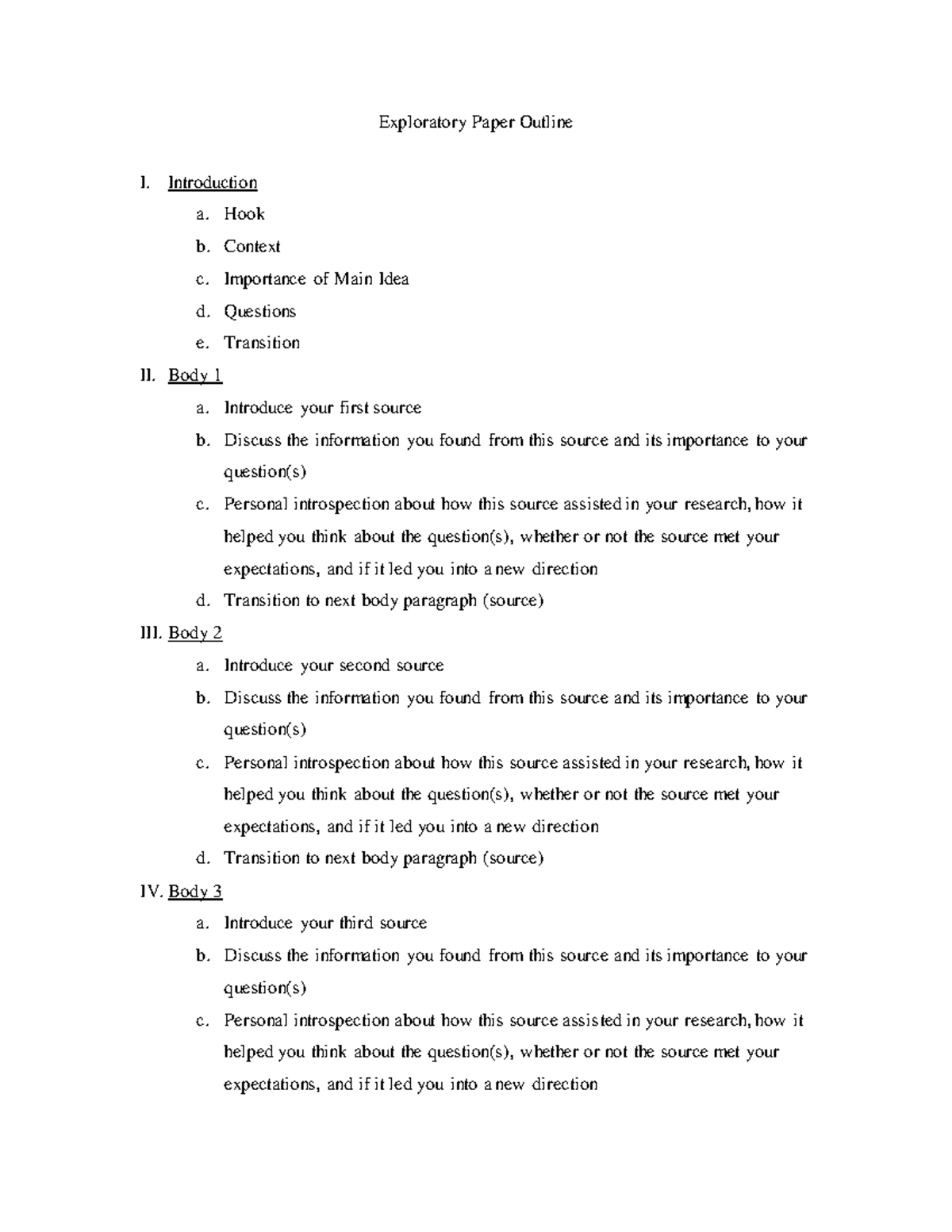 Exploratory Paper Outline - Introduction a. Hook b. Context c ...