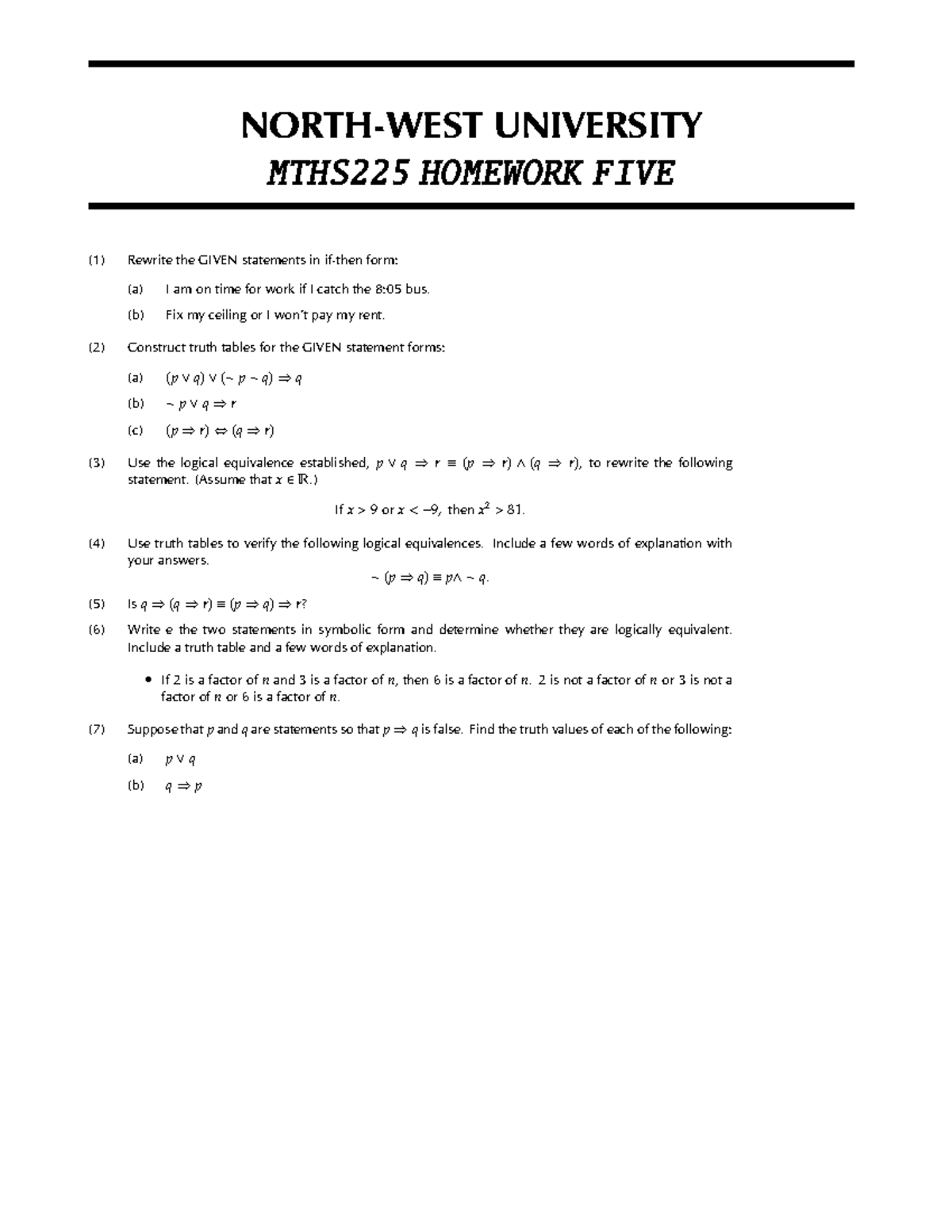 MTHS225 Tutorial FIVE - NORTH-WEST UNIVERSITY MTHS225 HOMEWORK FIVE (1 ...
