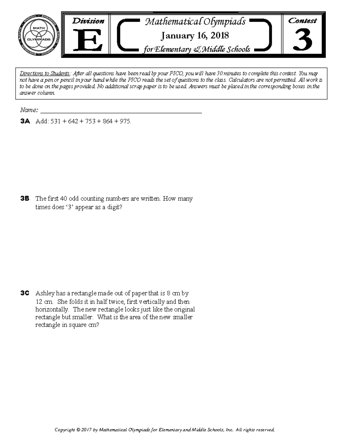 Sample E - Practice - for Elementary & Middle Schools Mathematical ...
