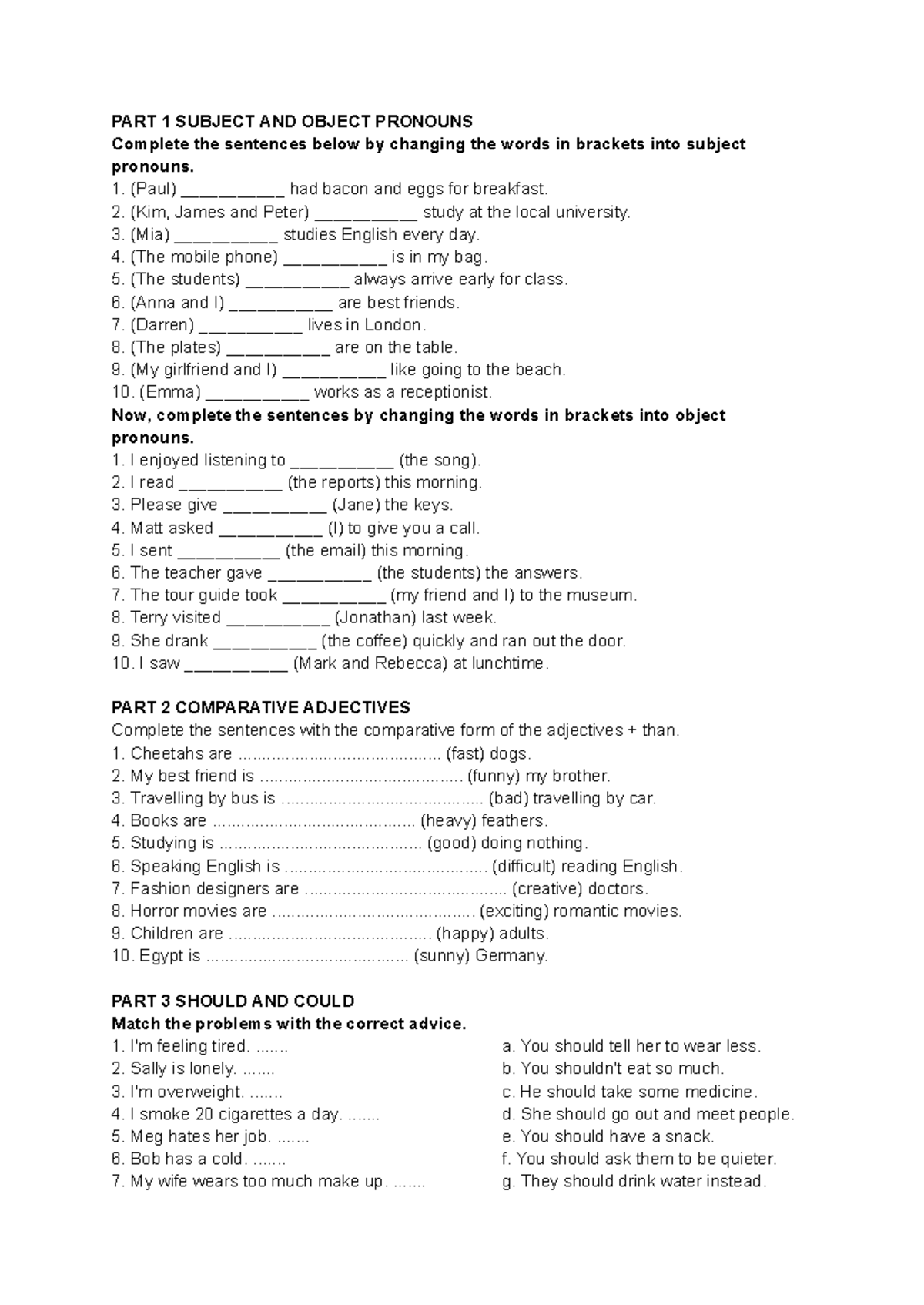Unit 8 and 9 grammar review-1 - PART 1 SUBJECT AND OBJECT PRONOUNS ...