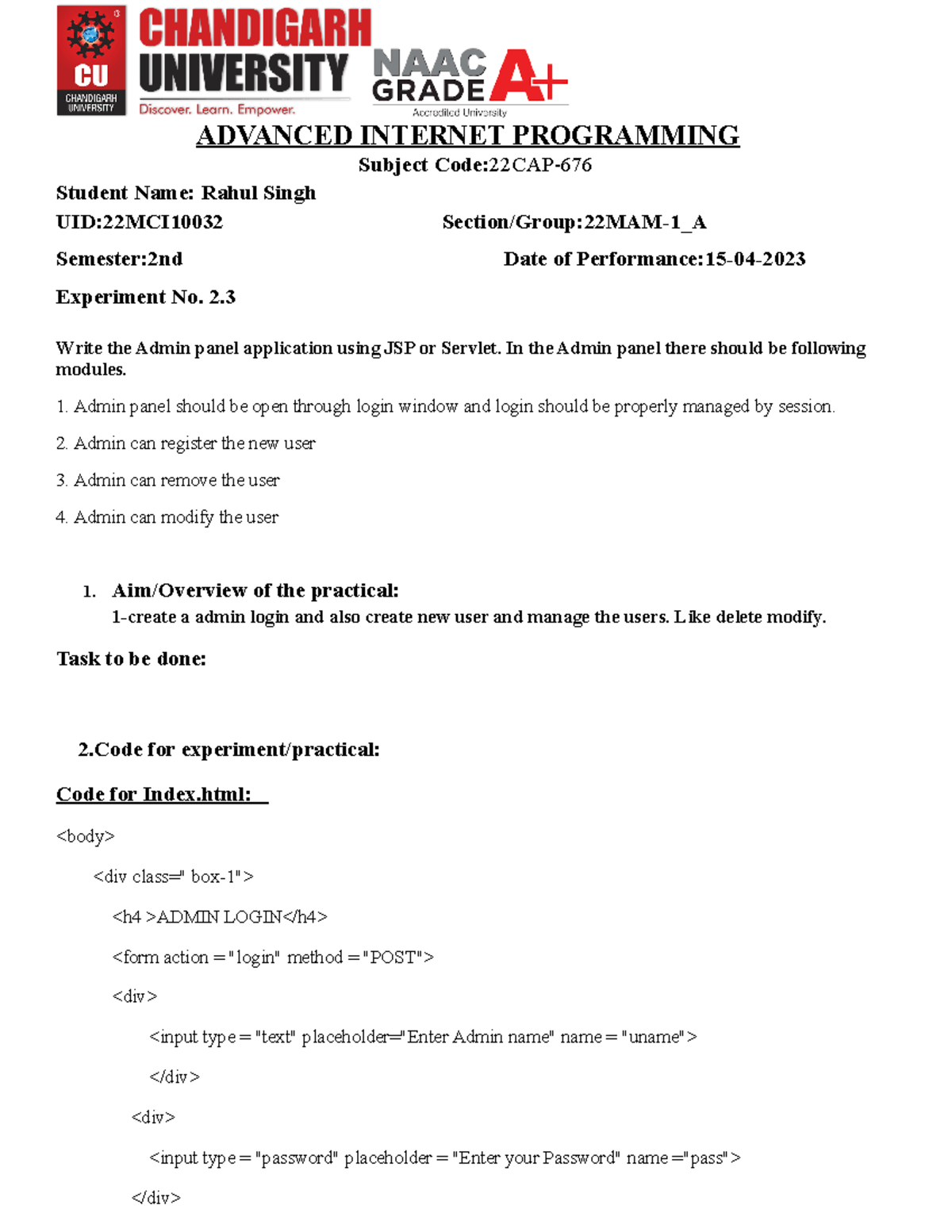 Worksheet-2.3 10032 - it is assignment - ADVANCED INTERNET PROGRAMMING ...