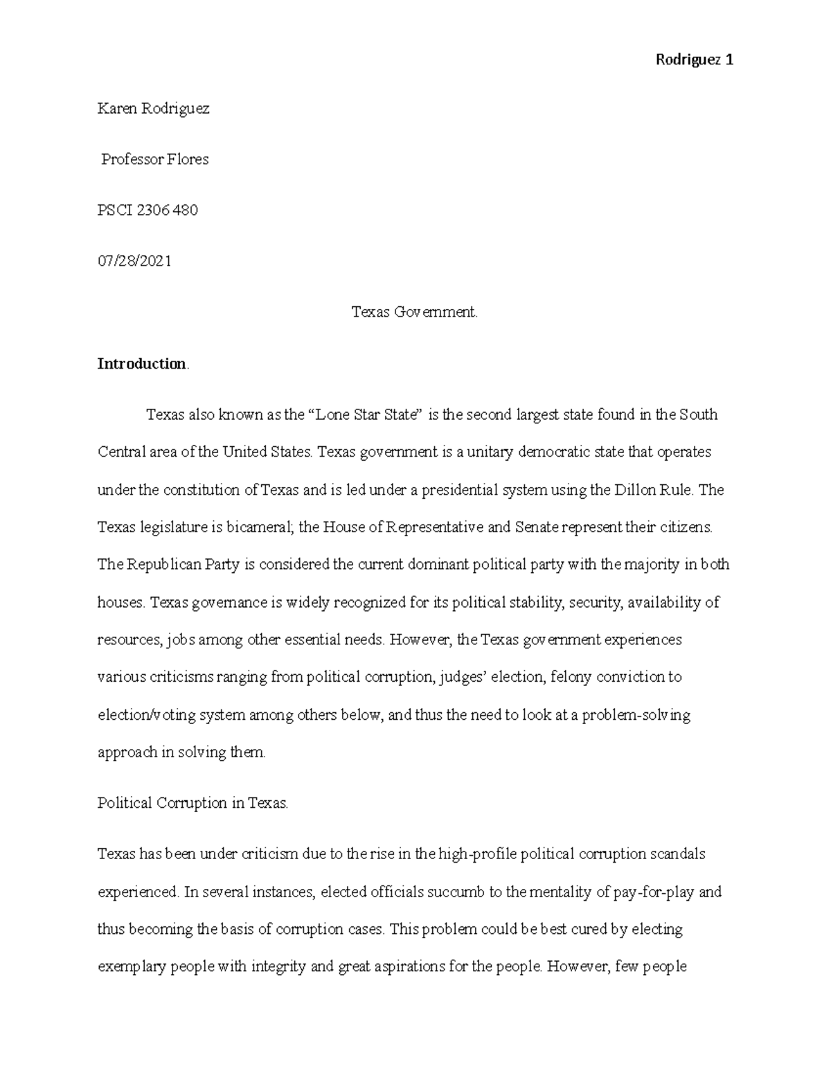 Texas Government - Essay Assignment. - Karen Rodriguez Professor Flores ...
