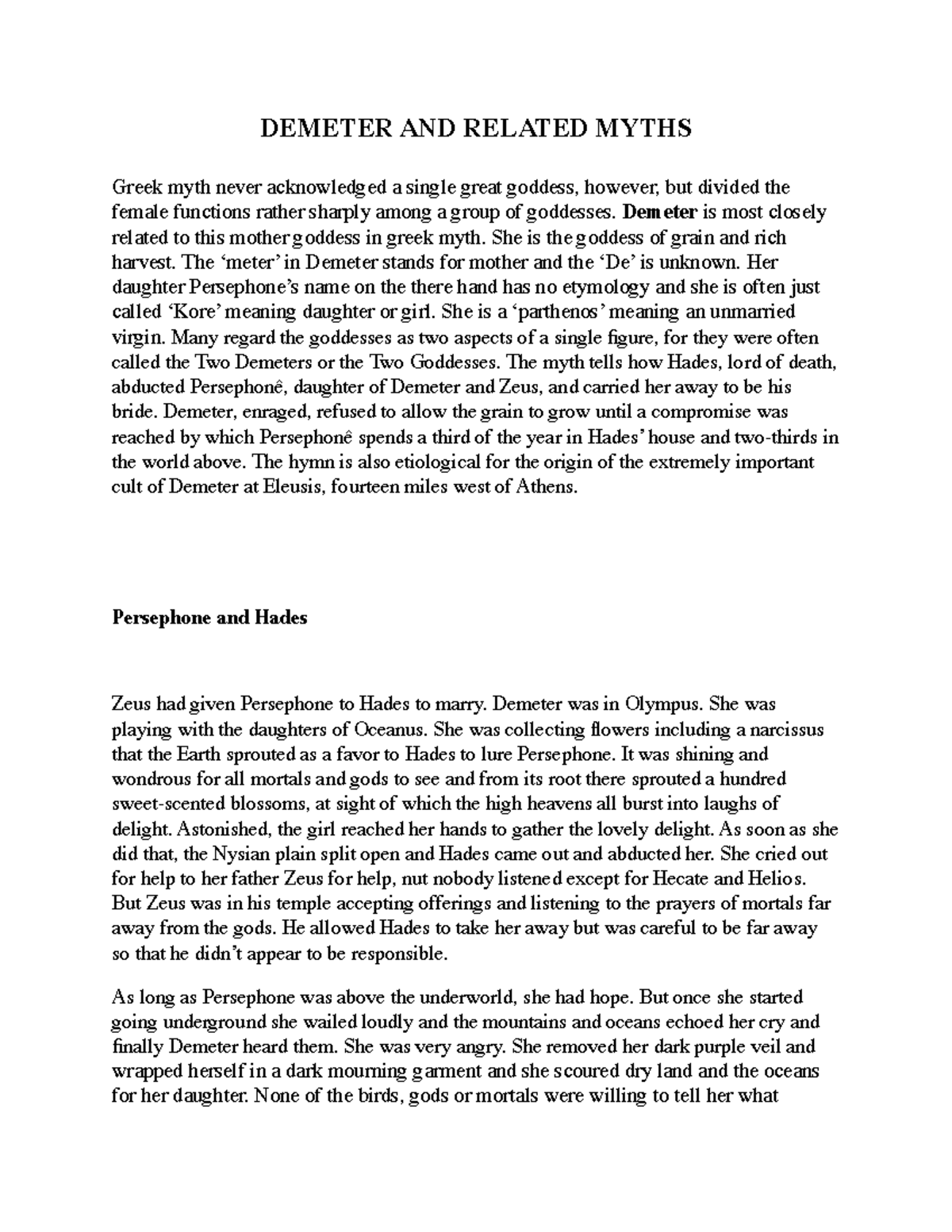 Powell Chapter 10 - DEMETER AND RELATED MYTHS Greek myth never ...