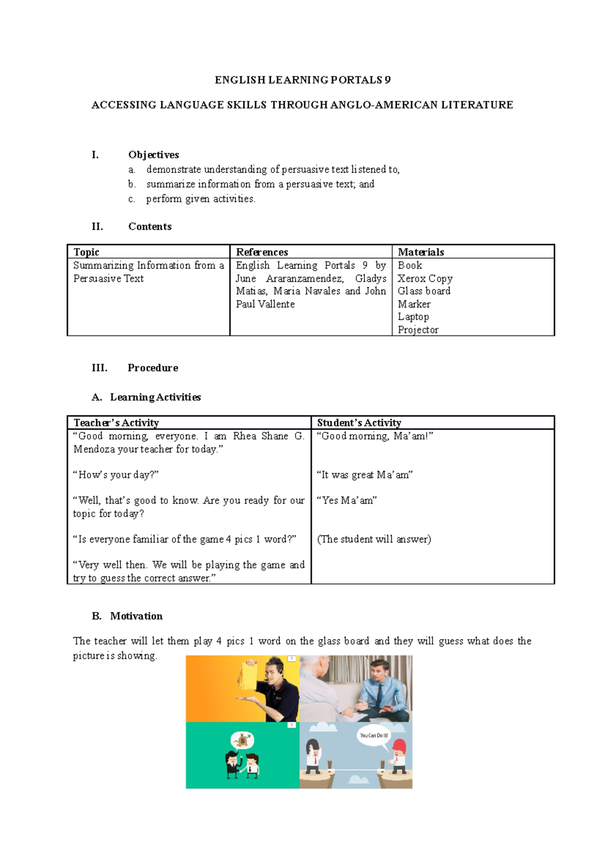 Lesson Plan (Persuasive Text for Grade 9) - ENGLISH LEARNING PORTALS 9 ...