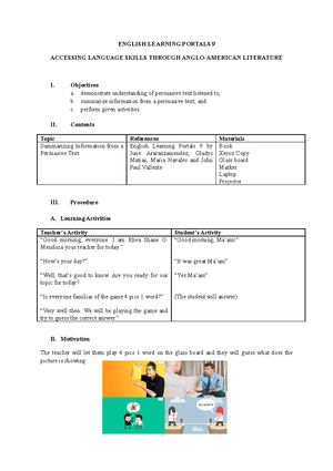 Lesson PLAN IN Englishfinal - LESSON PLAN IN ENGLISH I. Objective At ...