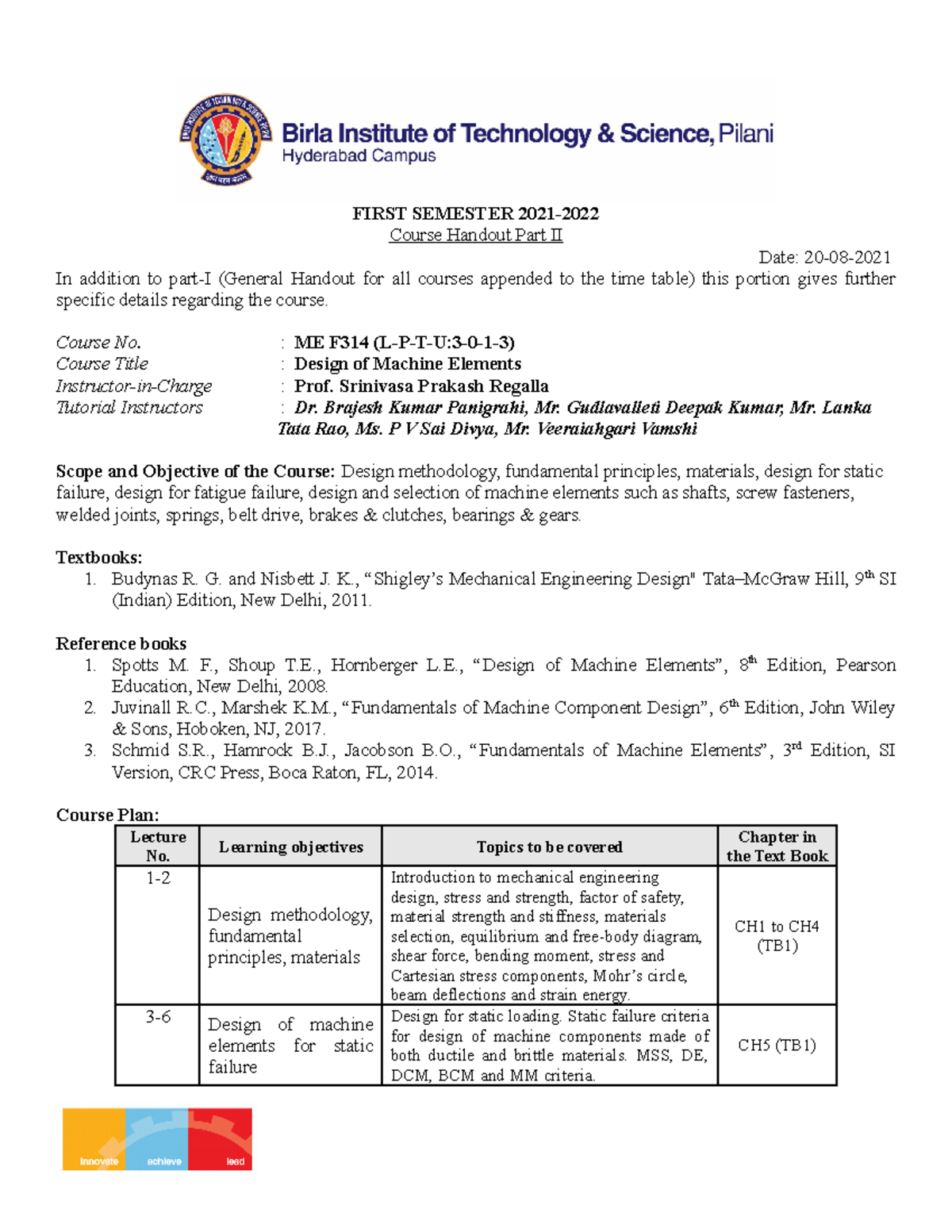 ME F314 Sem-I 2021-22-Revised 2 - Mechanics of Solids - BITS Pilani ...
