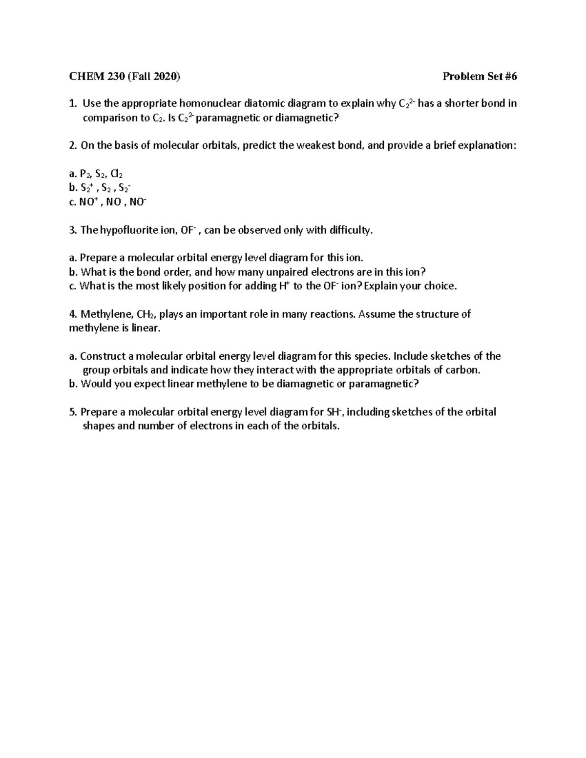 chem 230 Problem Set6 2020 - CHEM 230 (Fall 2020) Problem Set # Use the ...
