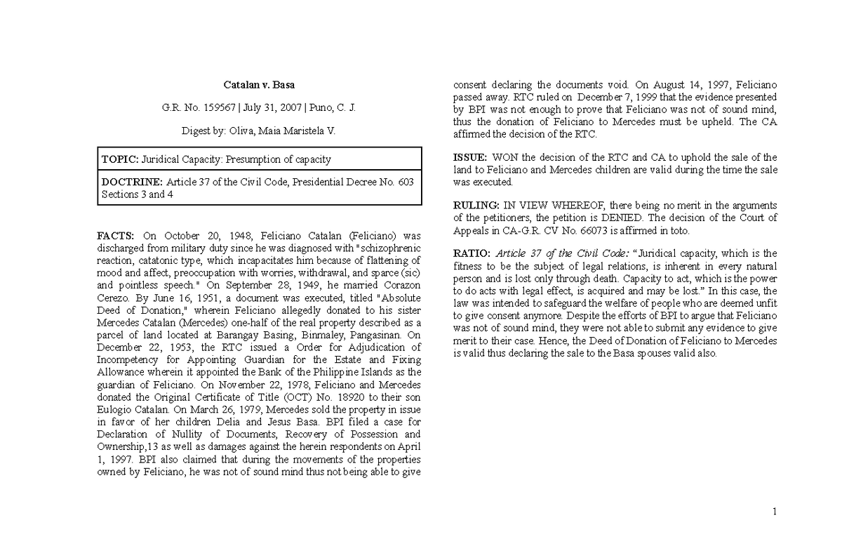 Catalan v. Basa - Catalan v. Basa G. No. 159567 | July 31, 2007 | Puno ...